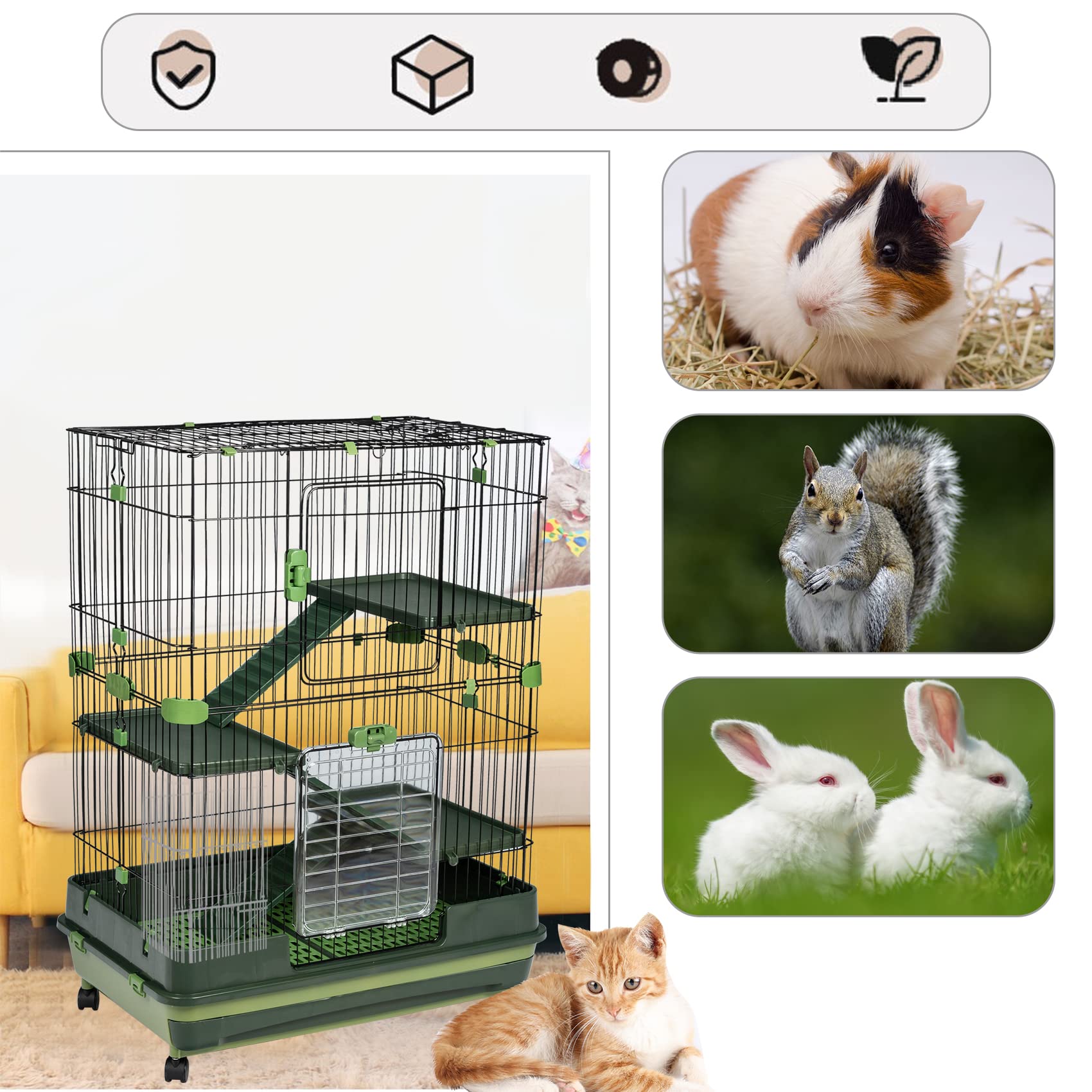 Gecheer 4-Tier 32" Small Animal Metal Cage Height Adjustable with Lockable Casters Grilles Pull-Out Tray for Rabbit Chinchilla Ferret Bunny Guinea Pig Squirrel Hedgehog Green