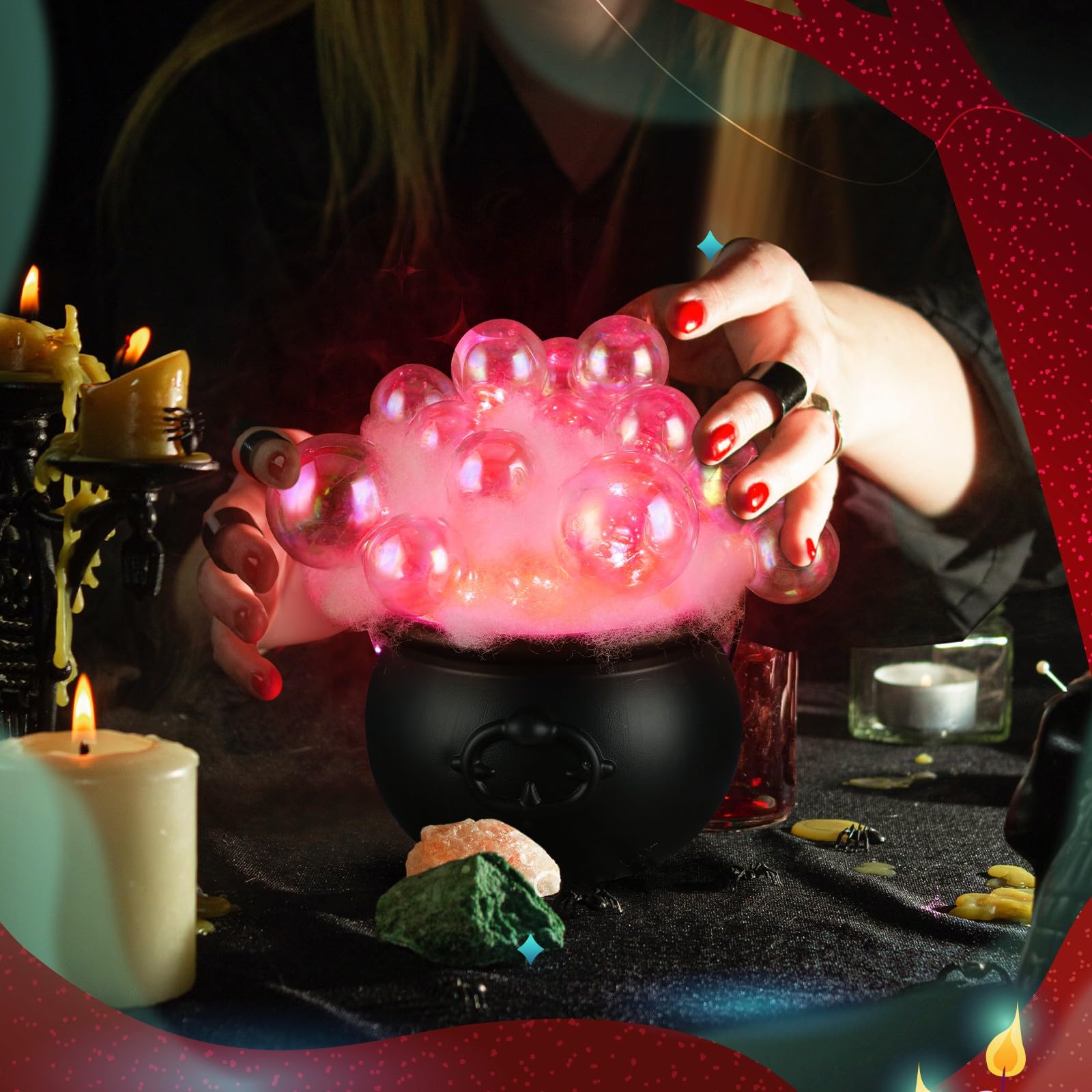 Liliful Light up Bubble Cauldron DIY Set, 7.68" Black Plastic Witches Cauldron with Handle 24 Pcs Clear Plastic Balls and String Light Halloween Cauldron Candy Bowl for Halloween Decorations (Red)