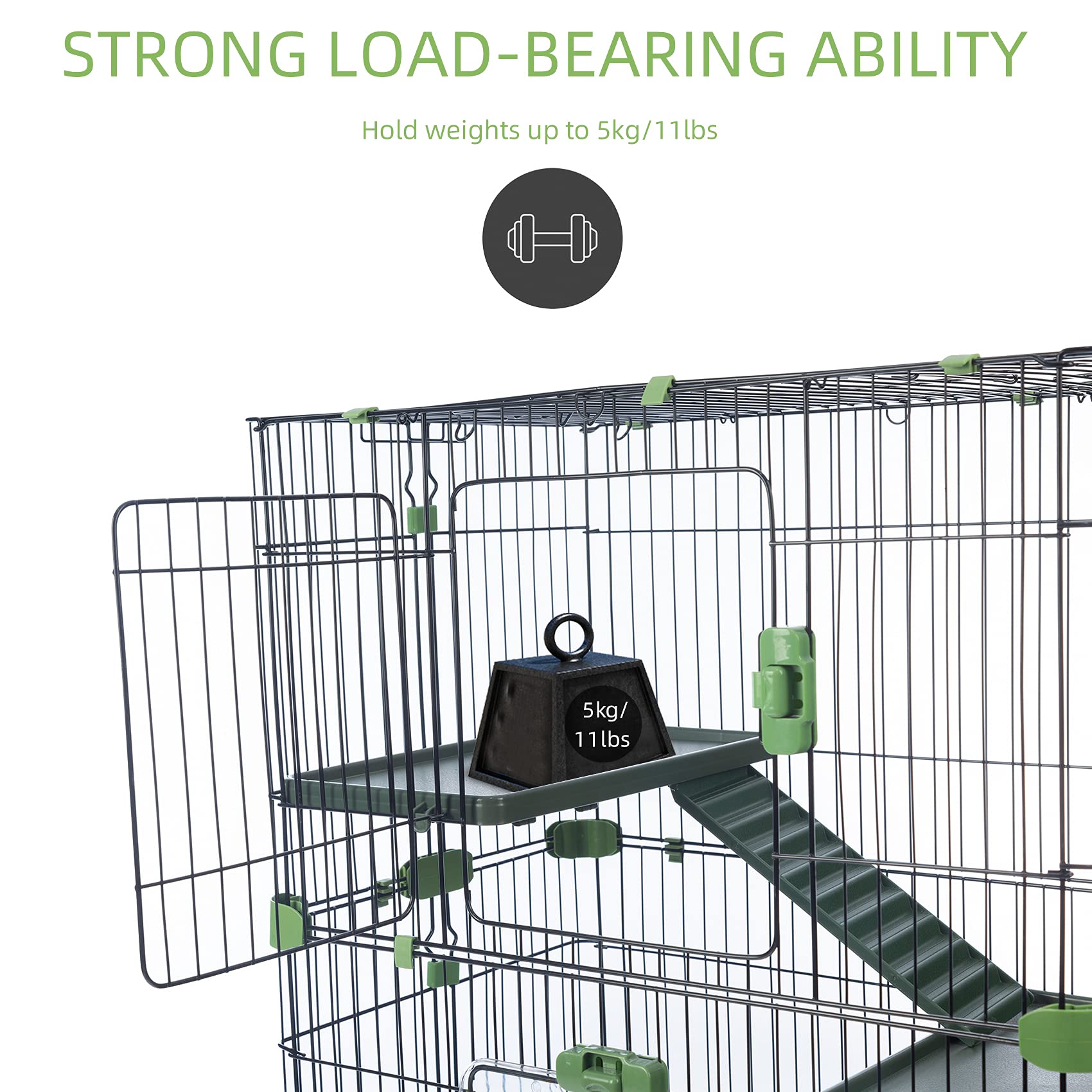 Gecheer 4-Tier 32" Small Animal Metal Cage Height Adjustable with Lockable Casters Grilles Pull-Out Tray for Rabbit Chinchilla Ferret Bunny Guinea Pig Squirrel Hedgehog Green