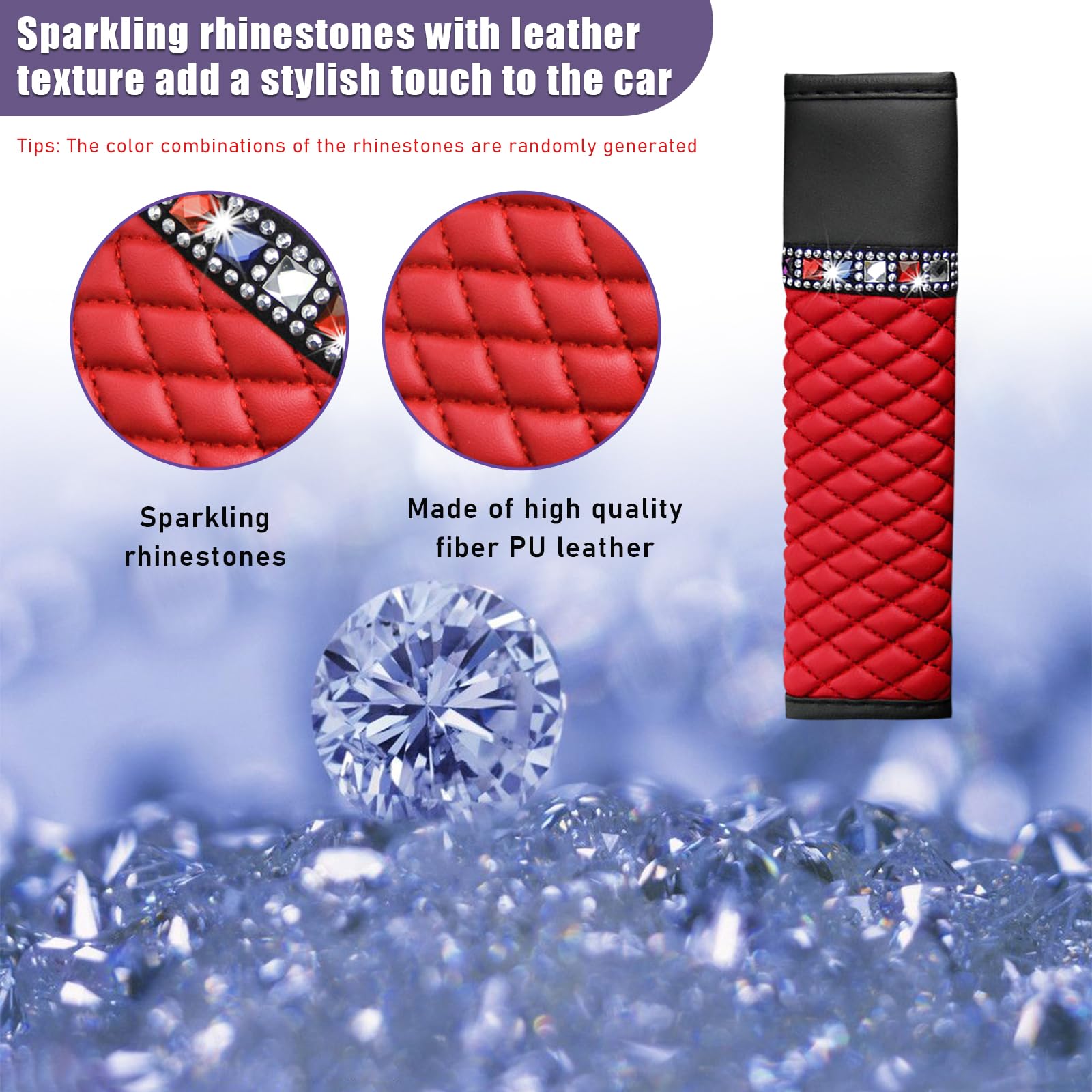 Ziciner 2PCS Leather Seat Belt Cover, Sparkling Rhinestone Seat Belt Covers for Women, Soft Harness Pads Strap Helps Protect Your Neck & Shoulder, Auto Interior Accessories for Adult Kid (Red)