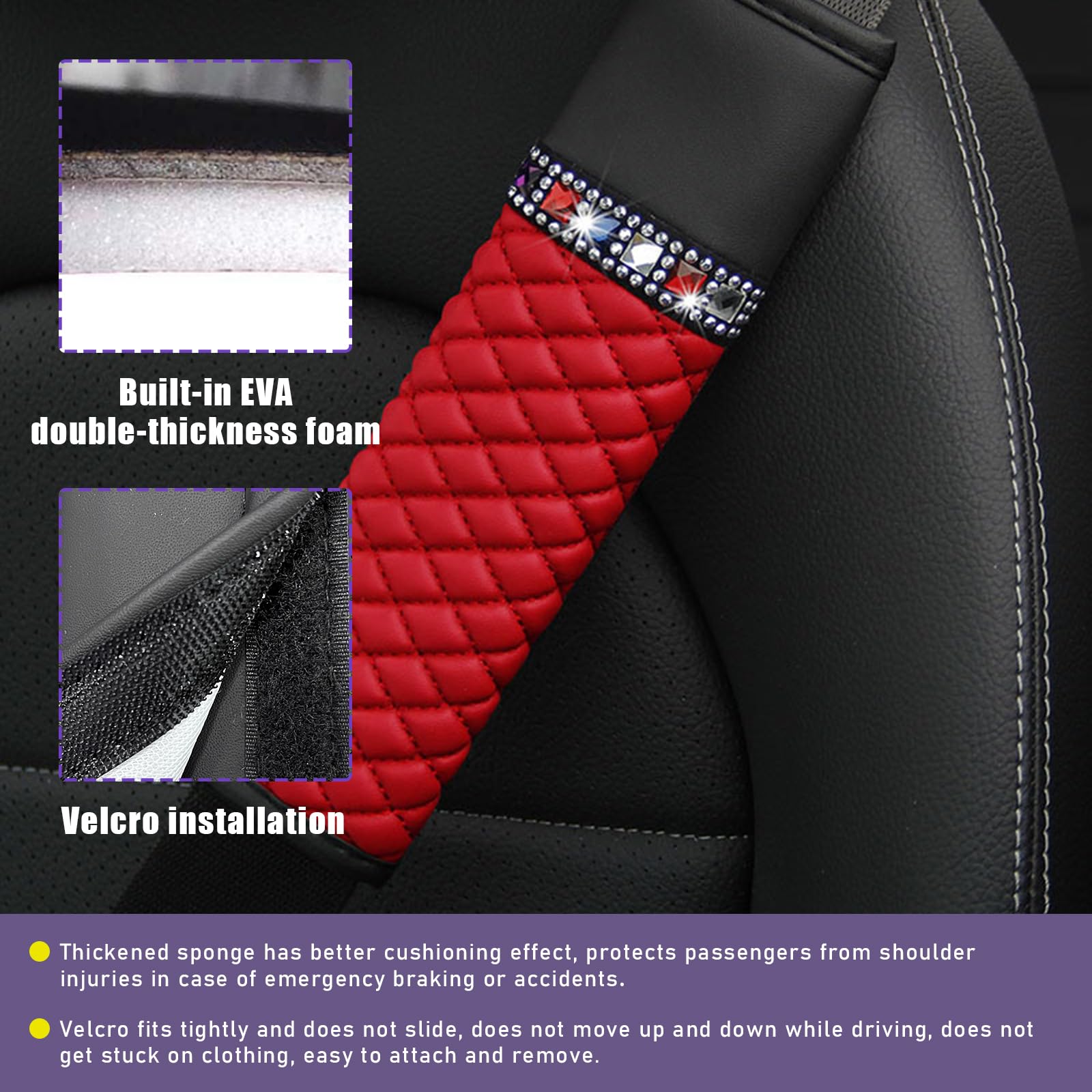 Ziciner 2PCS Leather Seat Belt Cover, Sparkling Rhinestone Seat Belt Covers for Women, Soft Harness Pads Strap Helps Protect Your Neck & Shoulder, Auto Interior Accessories for Adult Kid (Red)