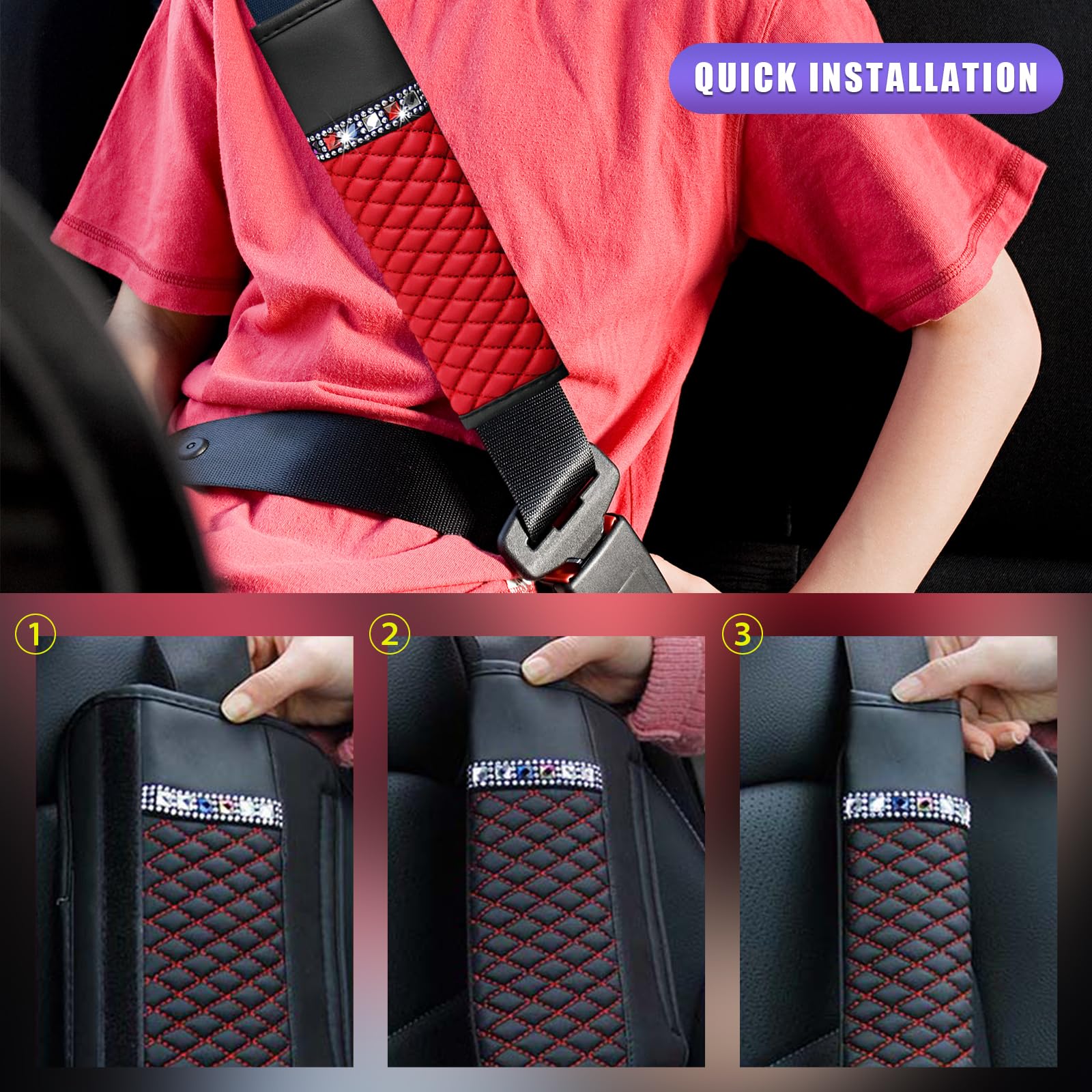Ziciner 2PCS Leather Seat Belt Cover, Sparkling Rhinestone Seat Belt Covers for Women, Soft Harness Pads Strap Helps Protect Your Neck & Shoulder, Auto Interior Accessories for Adult Kid (Red)