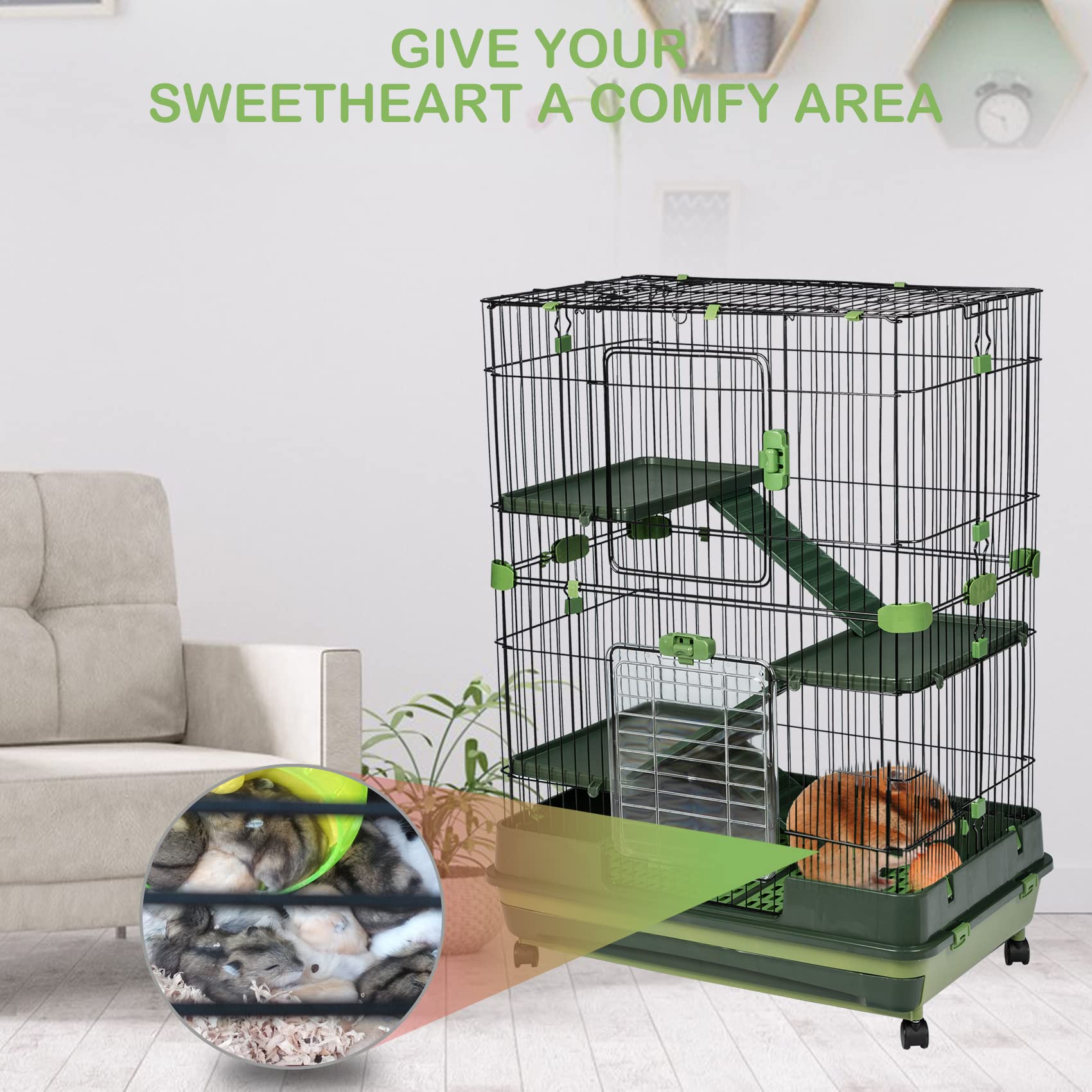 Gecheer 4-Tier 32" Small Animal Metal Cage Height Adjustable with Lockable Casters Grilles Pull-Out Tray for Rabbit Chinchilla Ferret Bunny Guinea Pig Squirrel Hedgehog Green