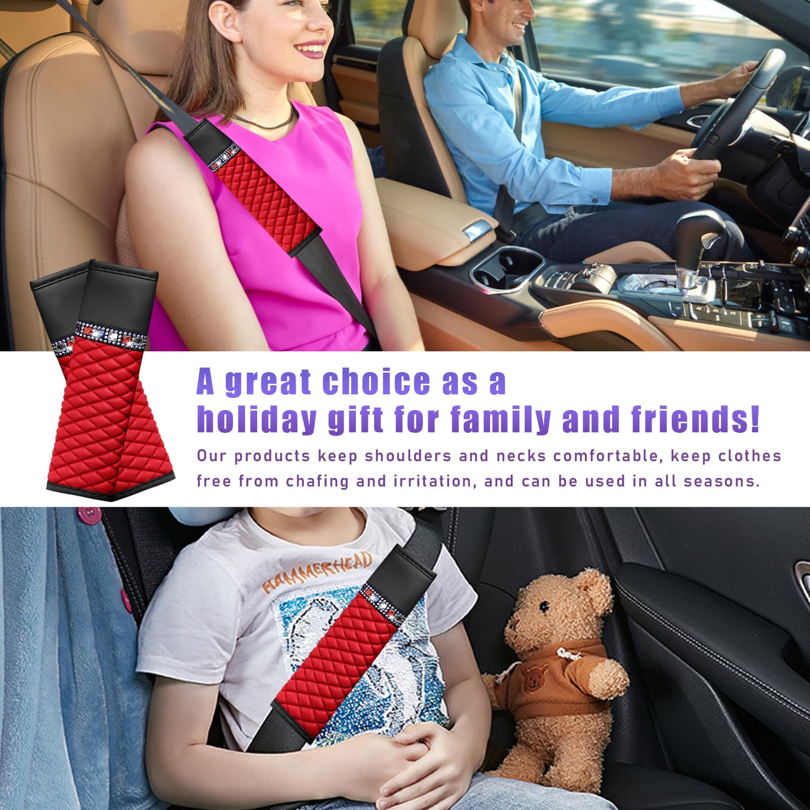 Ziciner 2PCS Leather Seat Belt Cover, Sparkling Rhinestone Seat Belt Covers for Women, Soft Harness Pads Strap Helps Protect Your Neck & Shoulder, Auto Interior Accessories for Adult Kid (Red)
