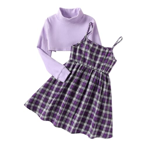 PATPAT Girl's 2 Pieces Plaid Dress Set Outfits Casual High Neck Long Sleeve Crop Top and Preppy Camisole A-Lined Dresses Sets Purple 8-9 Years
