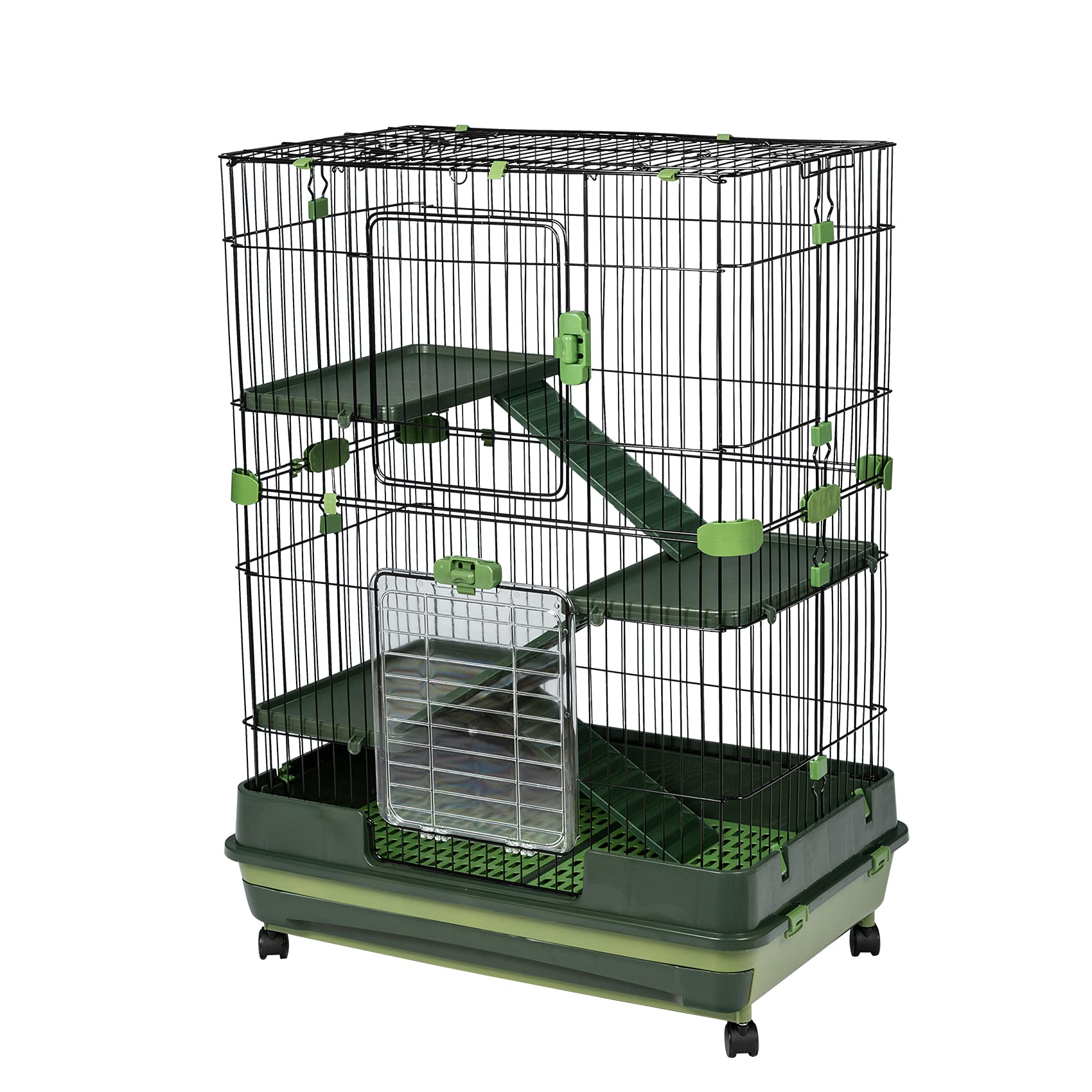Gecheer 4-Tier 32" Small Animal Metal Cage Height Adjustable with Lockable Casters Grilles Pull-Out Tray for Rabbit Chinchilla Ferret Bunny Guinea Pig Squirrel Hedgehog Green