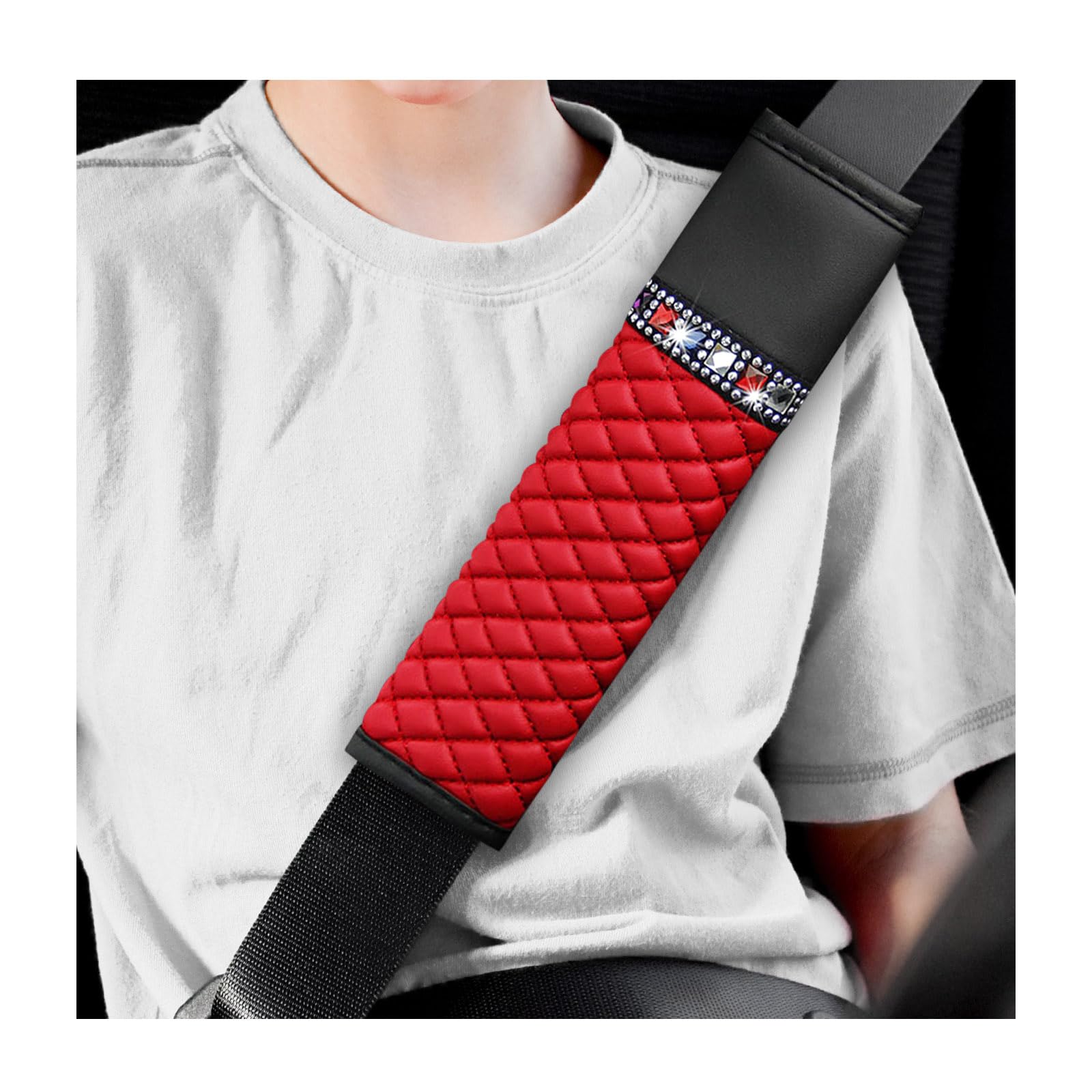 Ziciner 2PCS Leather Seat Belt Cover, Sparkling Rhinestone Seat Belt Covers for Women, Soft Harness Pads Strap Helps Protect Your Neck & Shoulder, Auto Interior Accessories for Adult Kid (Red)