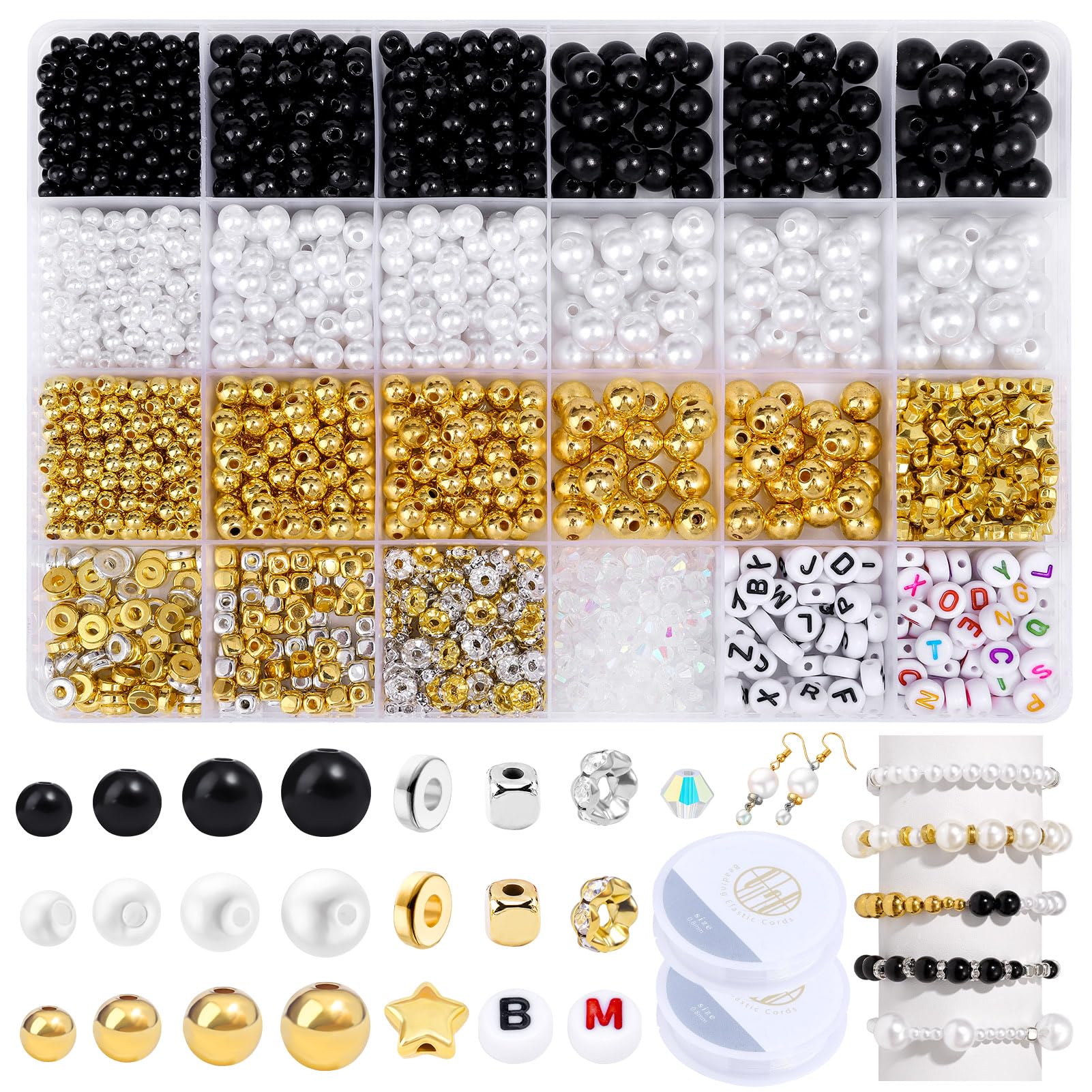 JADVY 1800 pcs Pearl Beads for Jewelry Making Kit with Spacer Beads, Black/White/Gold Pearl Beads for Bracelets, Necklaces, Earrings, DIY Pearls Bracelet Making Kit, Pearl Beads & Bead Assortments