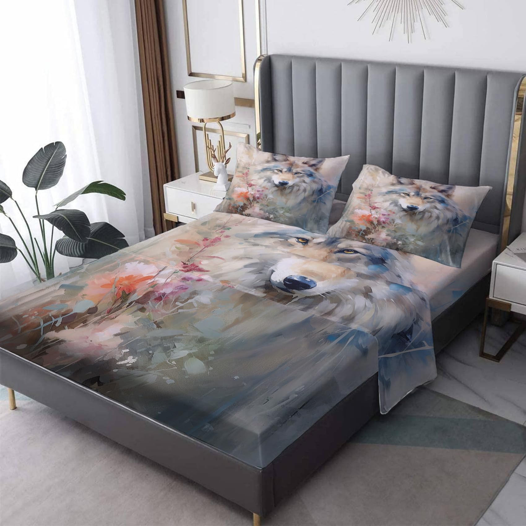 Wolf Sheets Twin Size, Wolves Wildlife Bed Sheets, Patterned Bedding Sheets & Pillowcases 3 Piece Set - Soft Microfiber Deep Pocket Fitted Sheet & Flat Sheet & Pillow Case M2-&-174