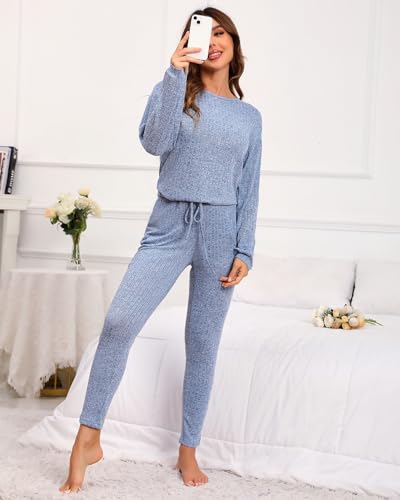 difficort Womens Pajama Sets Long Sleeve Pjs Soft Sleepwear Ribbed Knit Lounge Set with Pockets,K-Light Blue,Small