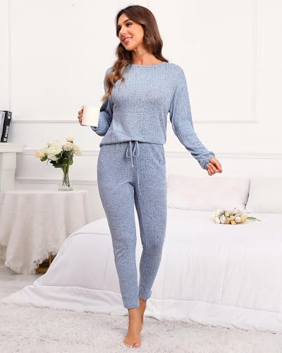 difficort Womens Pajama Sets Long Sleeve Pjs Soft Sleepwear Ribbed Knit Lounge Set with Pockets,K-Light Blue,Small
