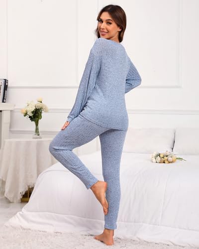 difficort Womens Pajama Sets Long Sleeve Pjs Soft Sleepwear Ribbed Knit Lounge Set with Pockets,K-Light Blue,Small