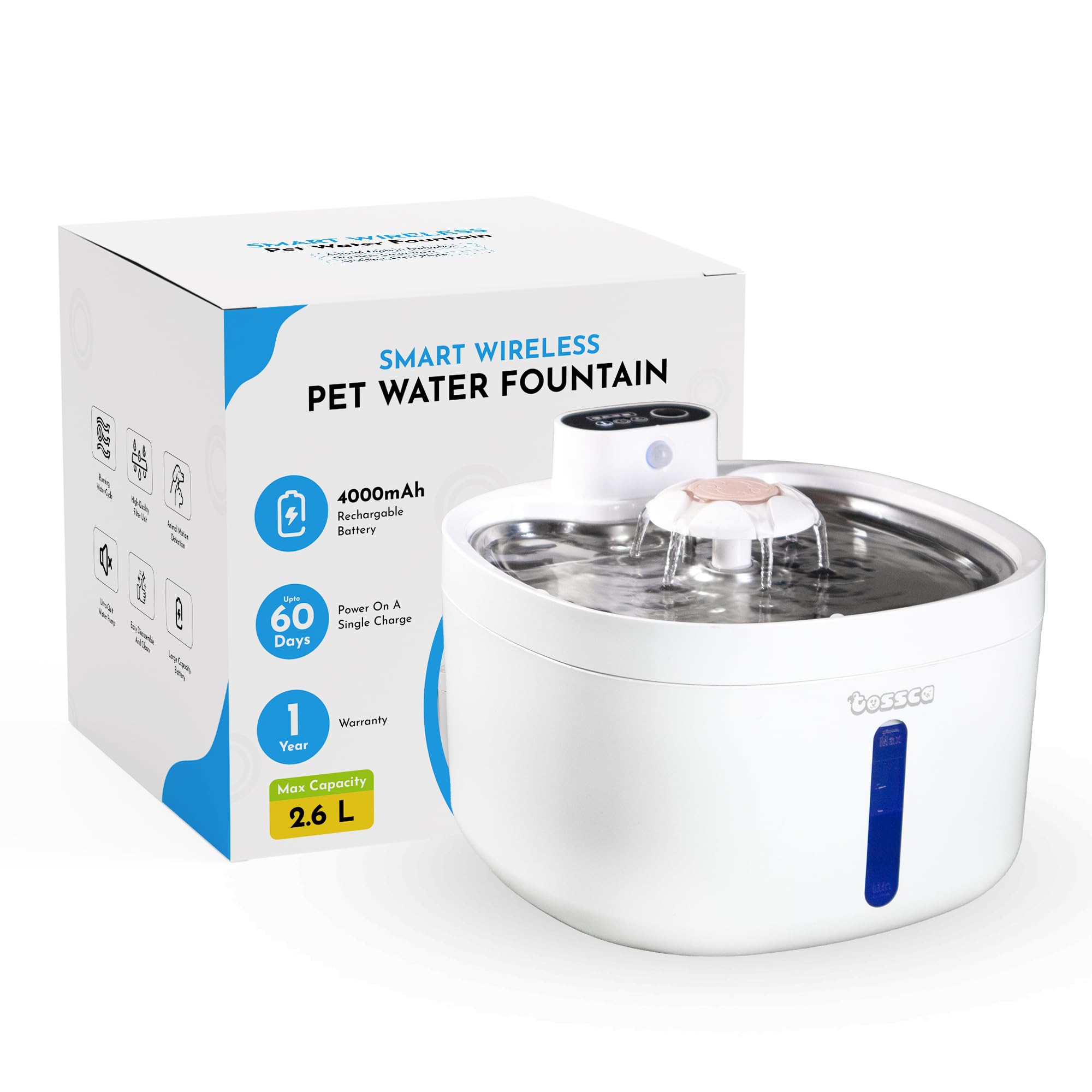 Tossca Wireless Cat Water Fountain | Rechargeable Battery Operated Automatic Dog Water Bowl Dispenser | Sensor Activated Hygienic Stainless Steel Cat Fountain | 5 Bonus Filters (2.6 L)