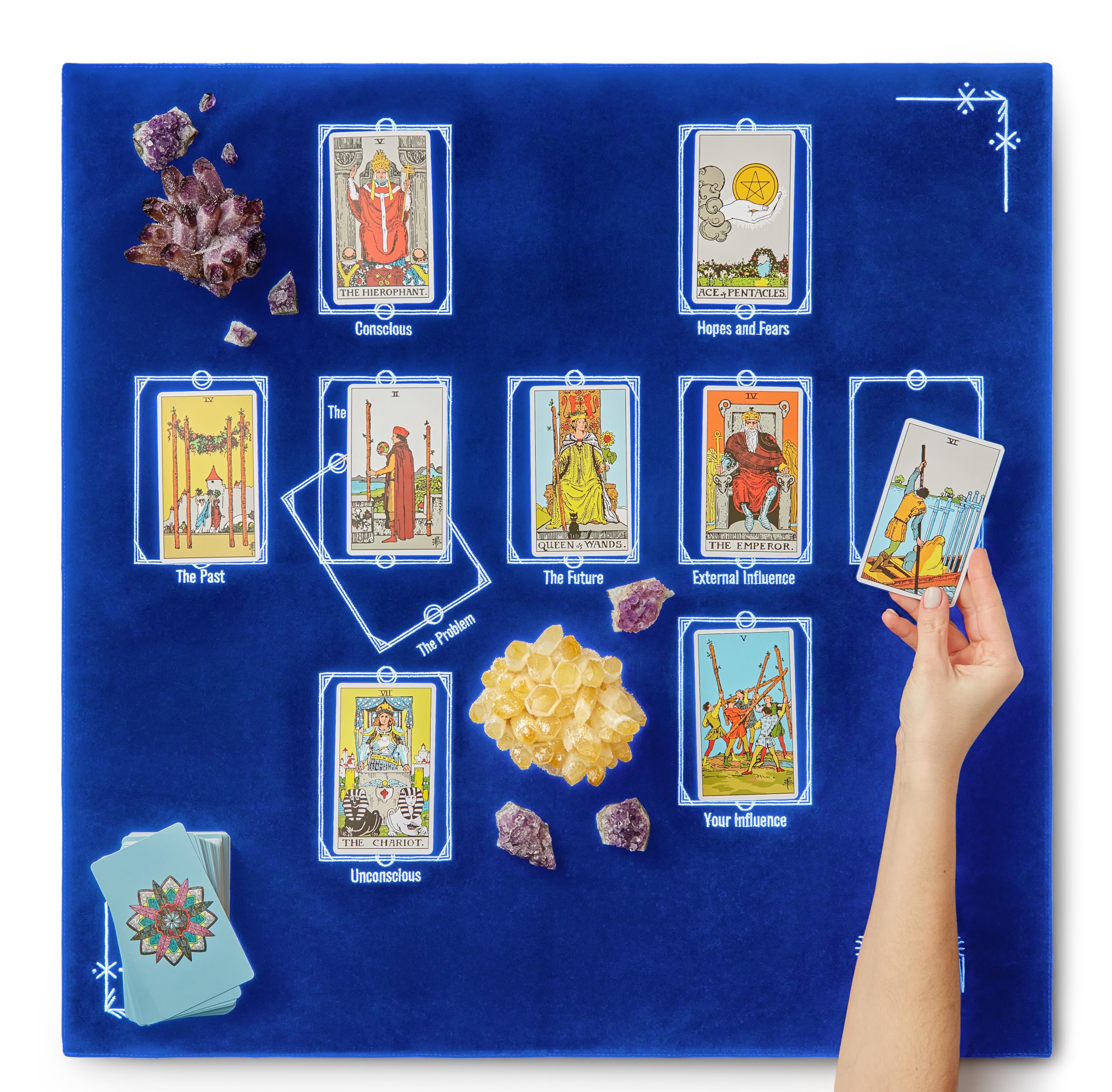 Tarot Divination Table Cloth for Reading and Altar Cloth Moon Alter, Cloth Witchy Embroidery Velvet Silk Touch Satin Celtic Cross (Blue)