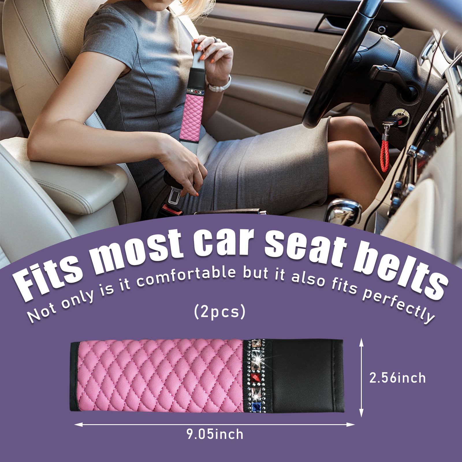 Ziciner 2PCS Leather Seat Belt Cover, Sparkling Rhinestone Seat Belt Covers for Women, Soft Harness Pads Strap Helps Protect Your Neck & Shoulder, Auto Interior Accessories for Adult Kid (Pink)