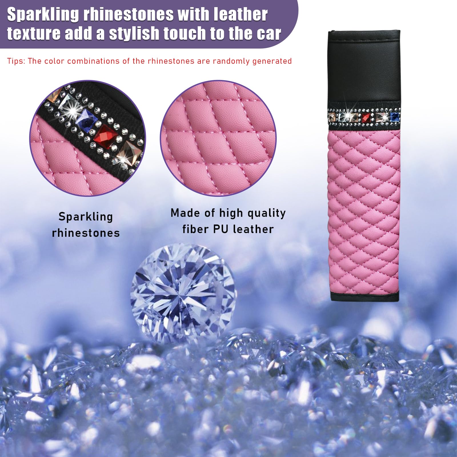 Ziciner 2PCS Leather Seat Belt Cover, Sparkling Rhinestone Seat Belt Covers for Women, Soft Harness Pads Strap Helps Protect Your Neck & Shoulder, Auto Interior Accessories for Adult Kid (Pink)