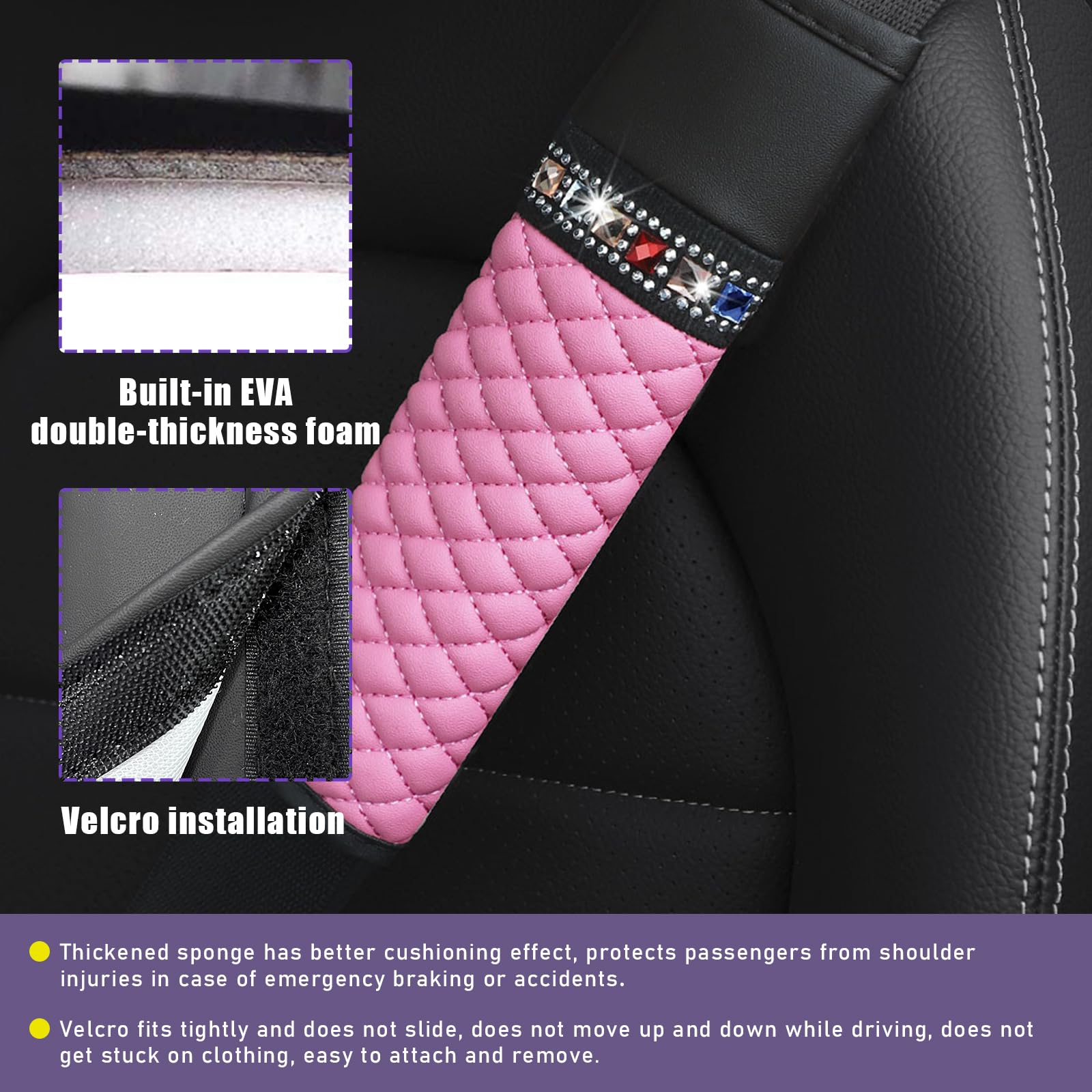 Ziciner 2PCS Leather Seat Belt Cover, Sparkling Rhinestone Seat Belt Covers for Women, Soft Harness Pads Strap Helps Protect Your Neck & Shoulder, Auto Interior Accessories for Adult Kid (Pink)