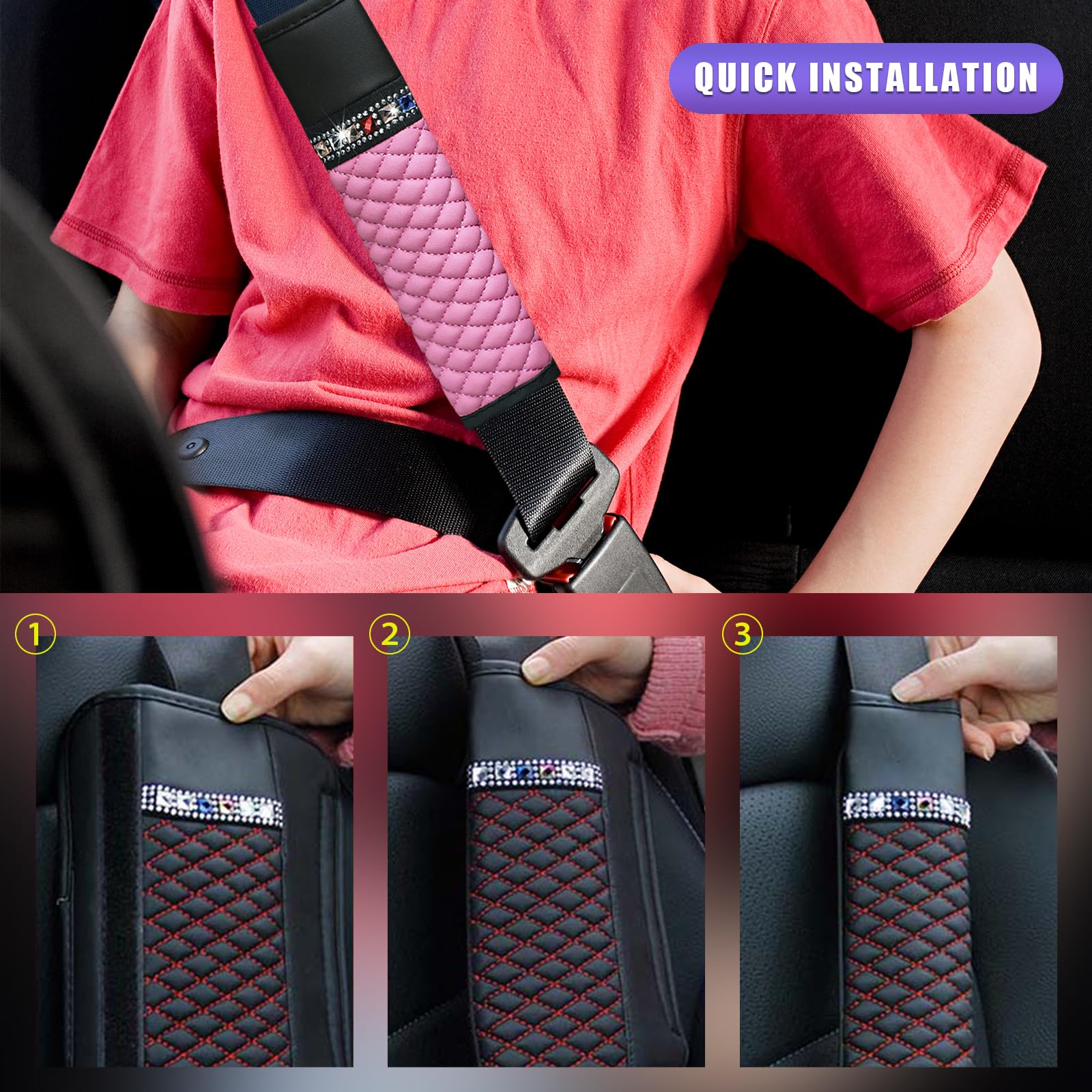 Ziciner 2PCS Leather Seat Belt Cover, Sparkling Rhinestone Seat Belt Covers for Women, Soft Harness Pads Strap Helps Protect Your Neck & Shoulder, Auto Interior Accessories for Adult Kid (Pink)