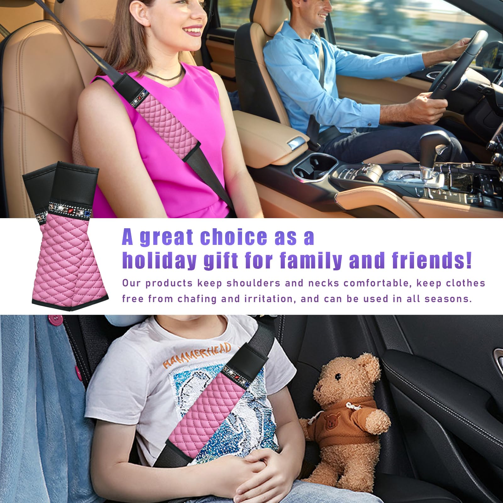 Ziciner 2PCS Leather Seat Belt Cover, Sparkling Rhinestone Seat Belt Covers for Women, Soft Harness Pads Strap Helps Protect Your Neck & Shoulder, Auto Interior Accessories for Adult Kid (Pink)