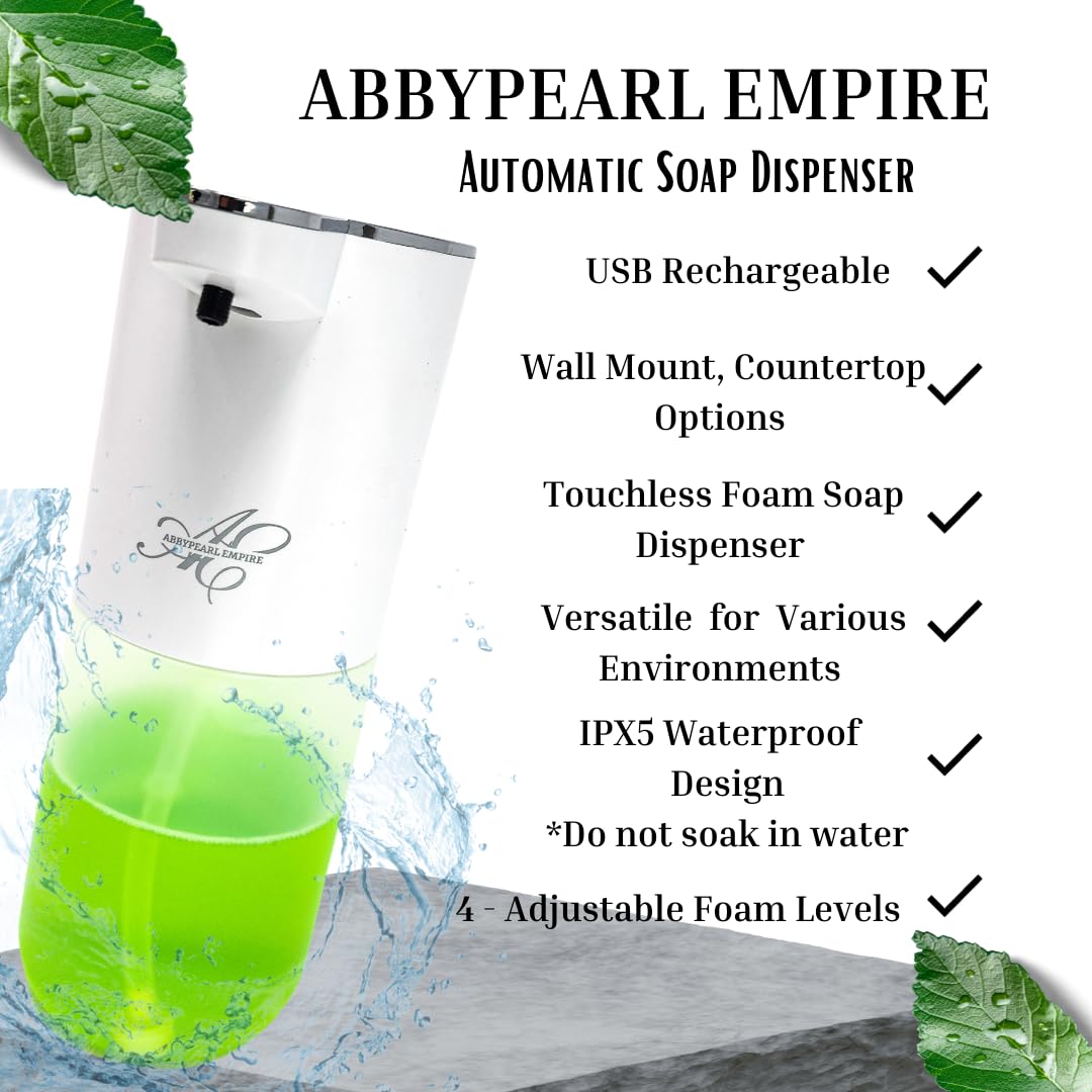 AbbyPearl Empire Automatic Foaming Soap Dispenser, Touchless, Rechargeable, Kids Soap Dispenser with 4-Level Adjustable Foam, Non-Drip Spout β Hands Free Soap Dispenser for Home and Kitchen, 400ml