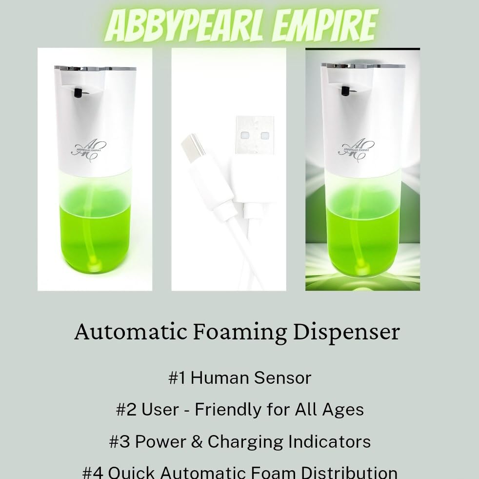AbbyPearl Empire Automatic Foaming Soap Dispenser, Touchless, Rechargeable, Kids Soap Dispenser with 4-Level Adjustable Foam, Non-Drip Spout β Hands Free Soap Dispenser for Home and Kitchen, 400ml