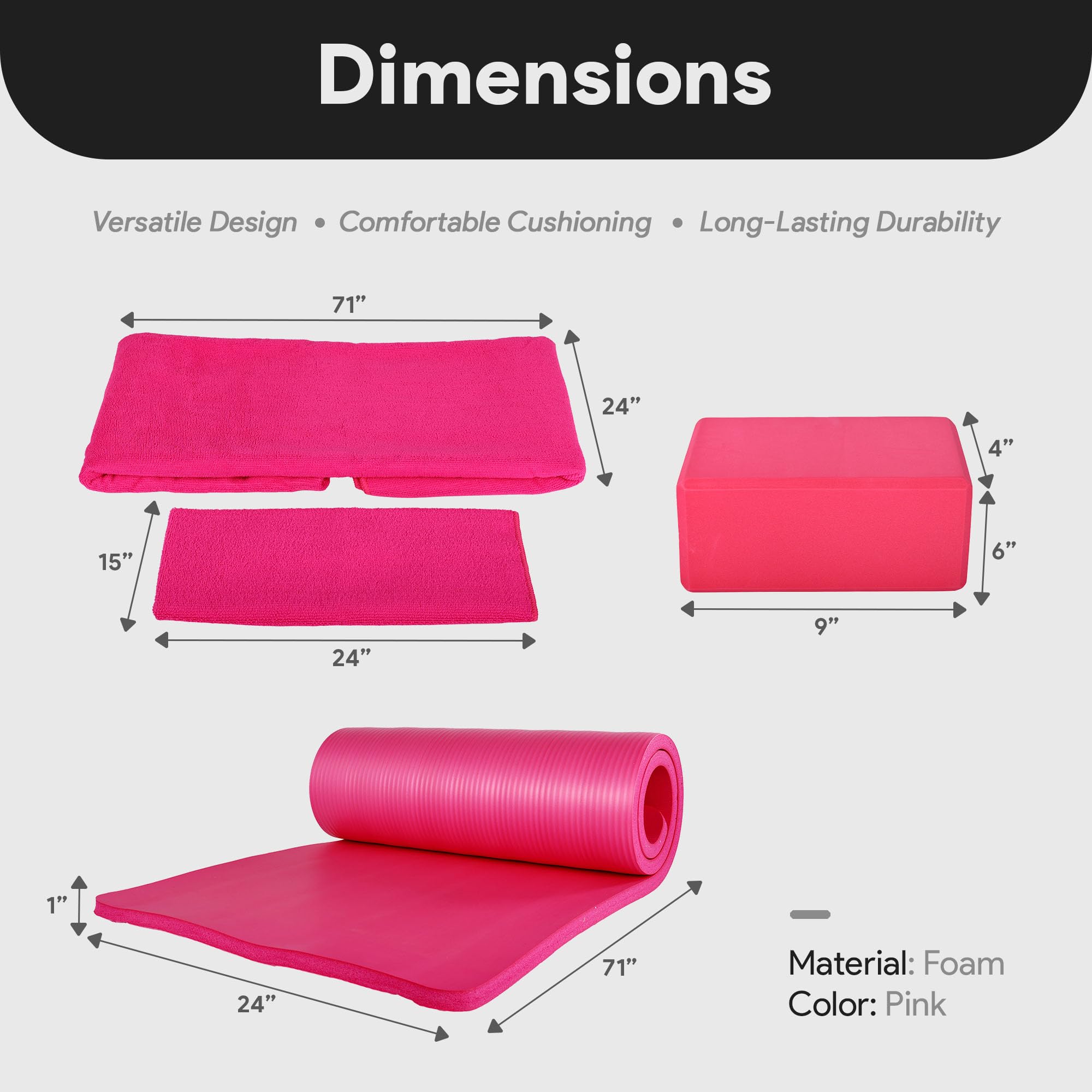 BalanceFrom 7-Piece Home Gym Yoga Set with 1-Inch Thick Yoga Mat, 2 Yoga Blocks, Mat Towel, Hand Towel, Stretch Strap & Knee Pad, Pink