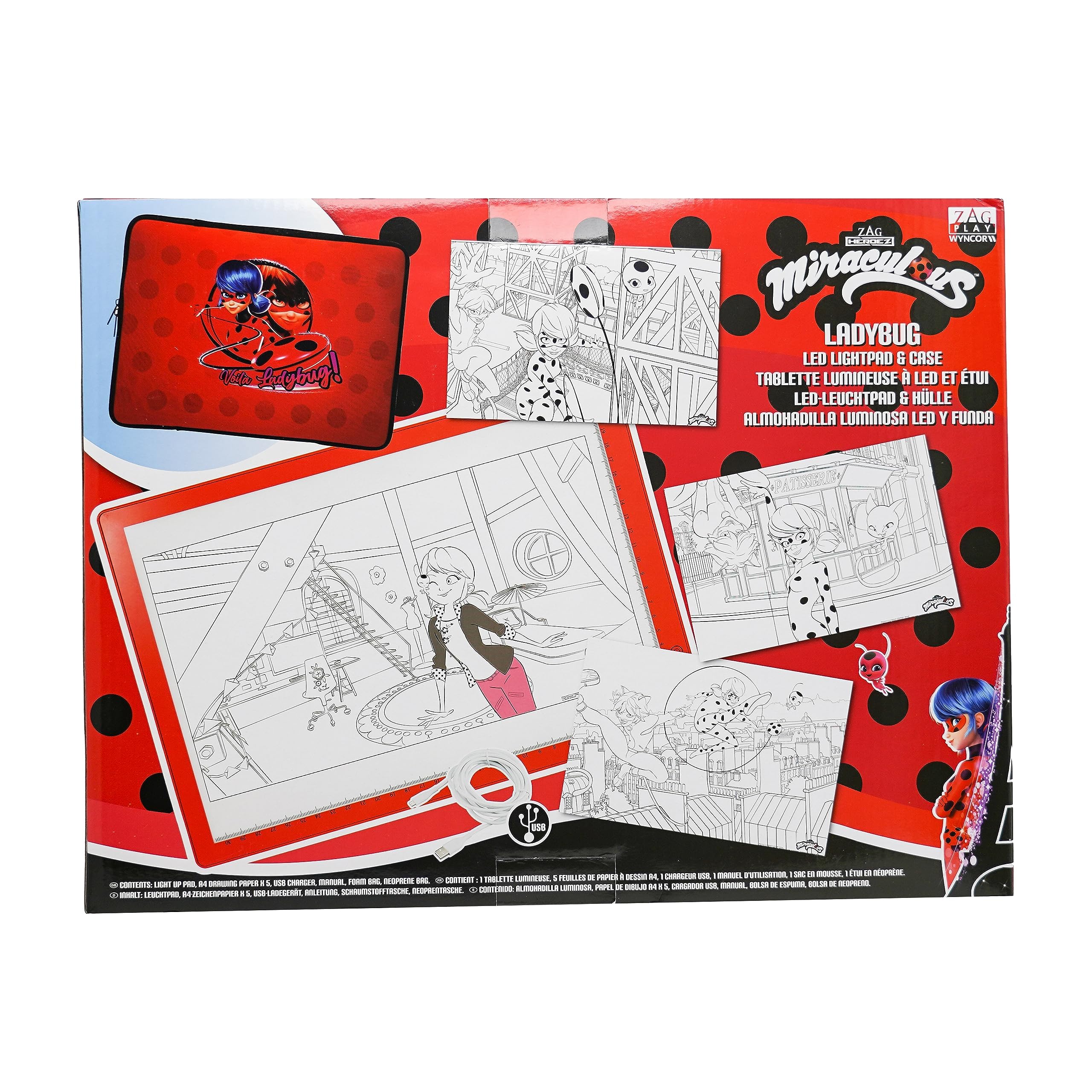 Miraculous Ladybug Portable LED A4 Light Pad Drawing Kit with Neoprene Case - Ultra-Thin USB Tracing Pad, Adjustable Light Box & 5 Coloring Pages - Art, Sketching, Tracing Tool (Ladybug)