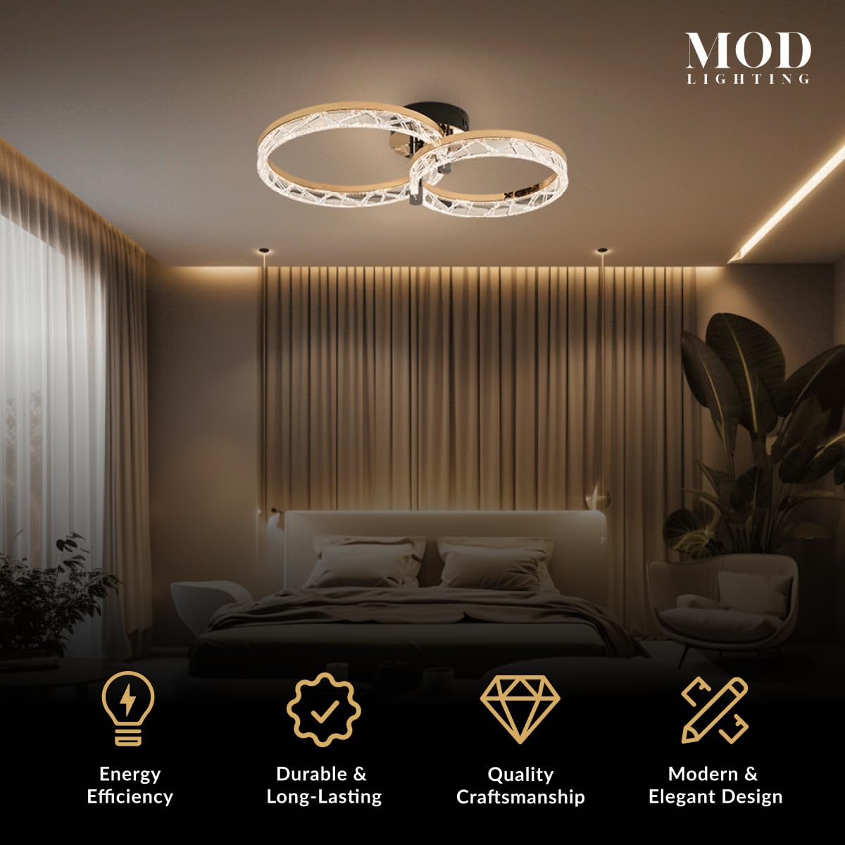 ๐ ๐ข๐ ๐๐๐๐๐ง๐๐ก๐ Clara | Modern Flush Mount Ceiling Light Fixture, 2 Rings LED Ceiling Light for Kitchen, Bedroom & Hallway, Close to Ceiling Lights (Gold & Pearl Black | 14"x22" | Warm White)