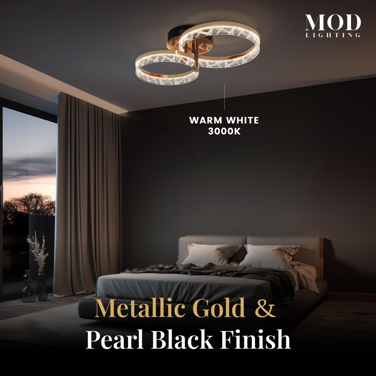 ๐ ๐ข๐ ๐๐๐๐๐ง๐๐ก๐ Clara | Modern Flush Mount Ceiling Light Fixture, 2 Rings LED Ceiling Light for Kitchen, Bedroom & Hallway, Close to Ceiling Lights (Gold & Pearl Black | 14"x22" | Warm White)