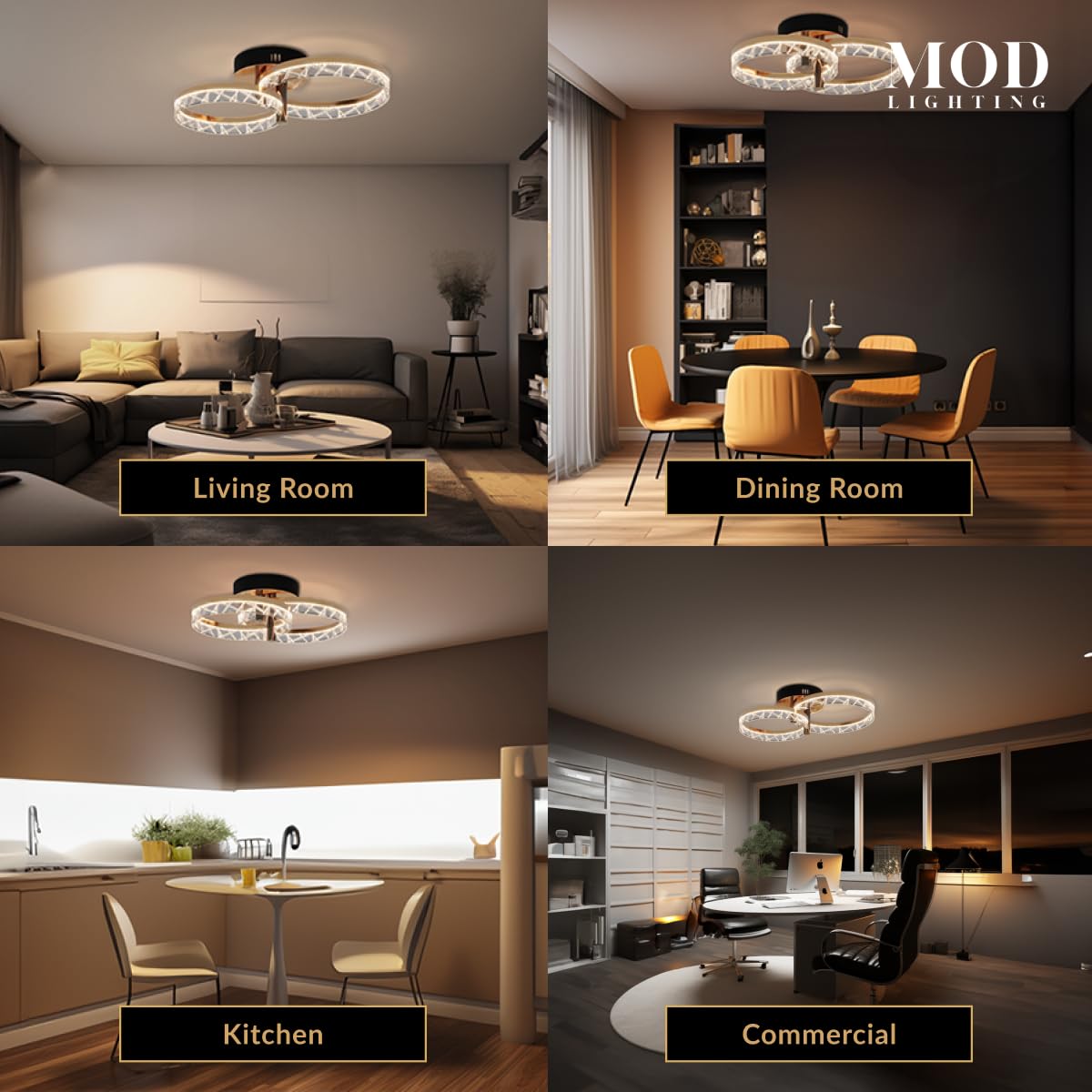 ๐ ๐ข๐ ๐๐๐๐๐ง๐๐ก๐ Clara | Modern Flush Mount Ceiling Light Fixture, 2 Rings LED Ceiling Light for Kitchen, Bedroom & Hallway, Close to Ceiling Lights (Gold & Pearl Black | 14"x22" | Warm White)