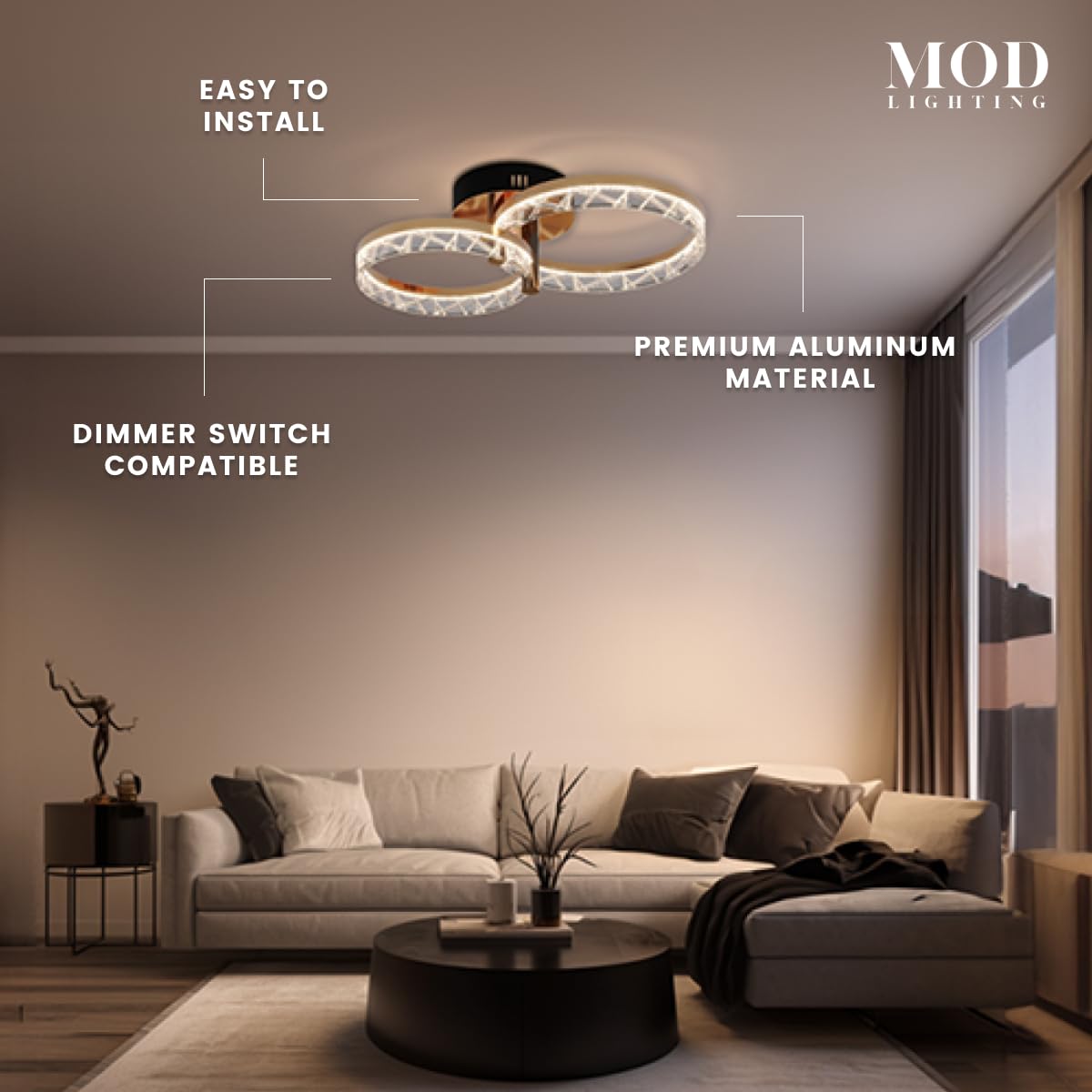 ๐ ๐ข๐ ๐๐๐๐๐ง๐๐ก๐ Clara | Modern Flush Mount Ceiling Light Fixture, 2 Rings LED Ceiling Light for Kitchen, Bedroom & Hallway, Close to Ceiling Lights (Gold & Pearl Black | 14"x22" | Warm White)