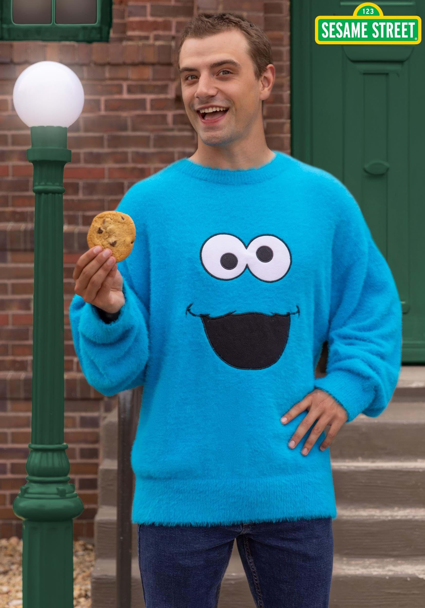 Fun Costumes Sesame Street Cookie Monster Fuzzy Oversized Sweater for Adults | Muppets Pullover Cosplay Clothing & Apparel L Blue