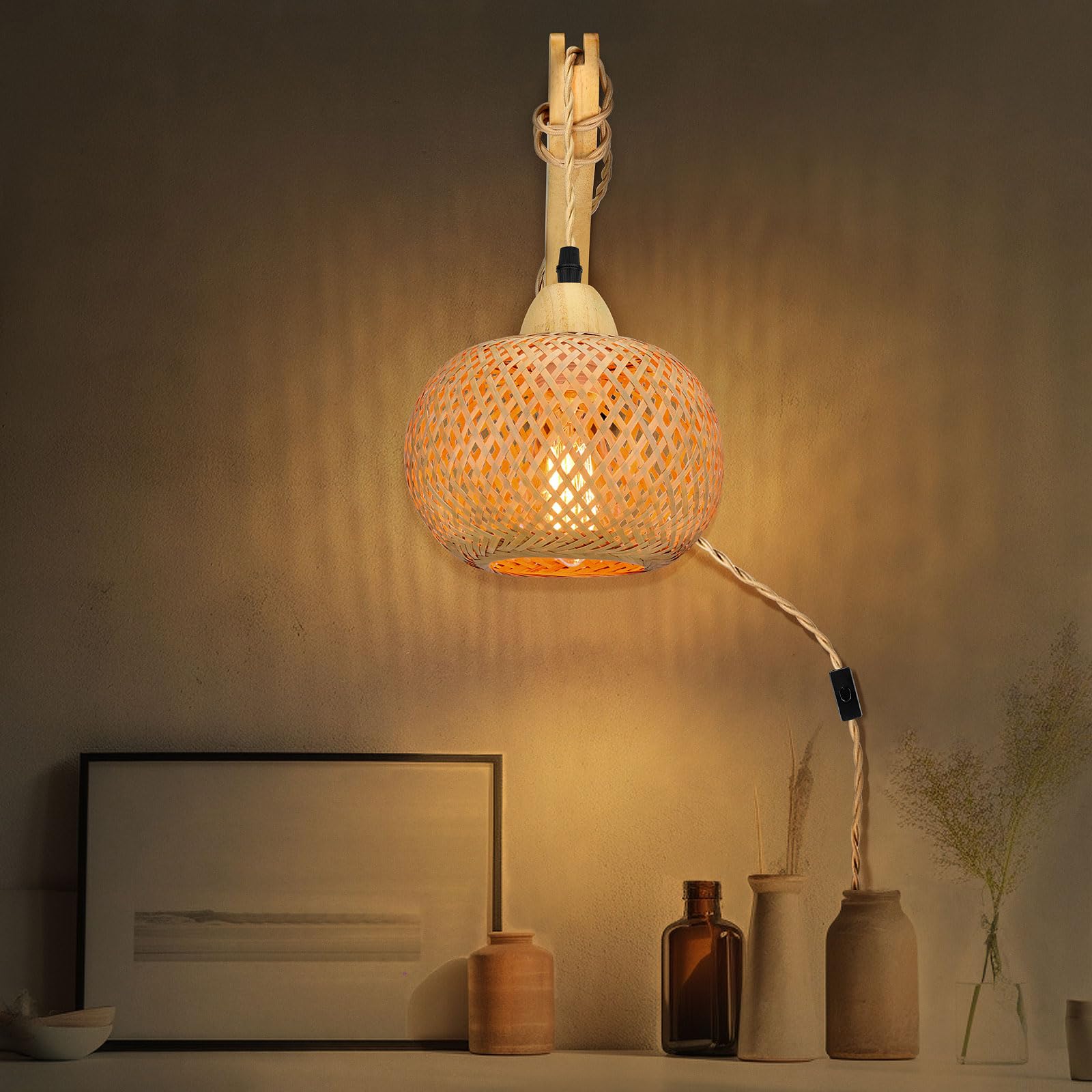 Plug in Wall Sconce, Bamboo Rattan Wall Sconce Decor, Farmhouse Wall Sconce Plug In, Wicker Wall Lamp with Plug in Cord, Hand Woven Boho Sconces Wall Light for Bedroom Living Room