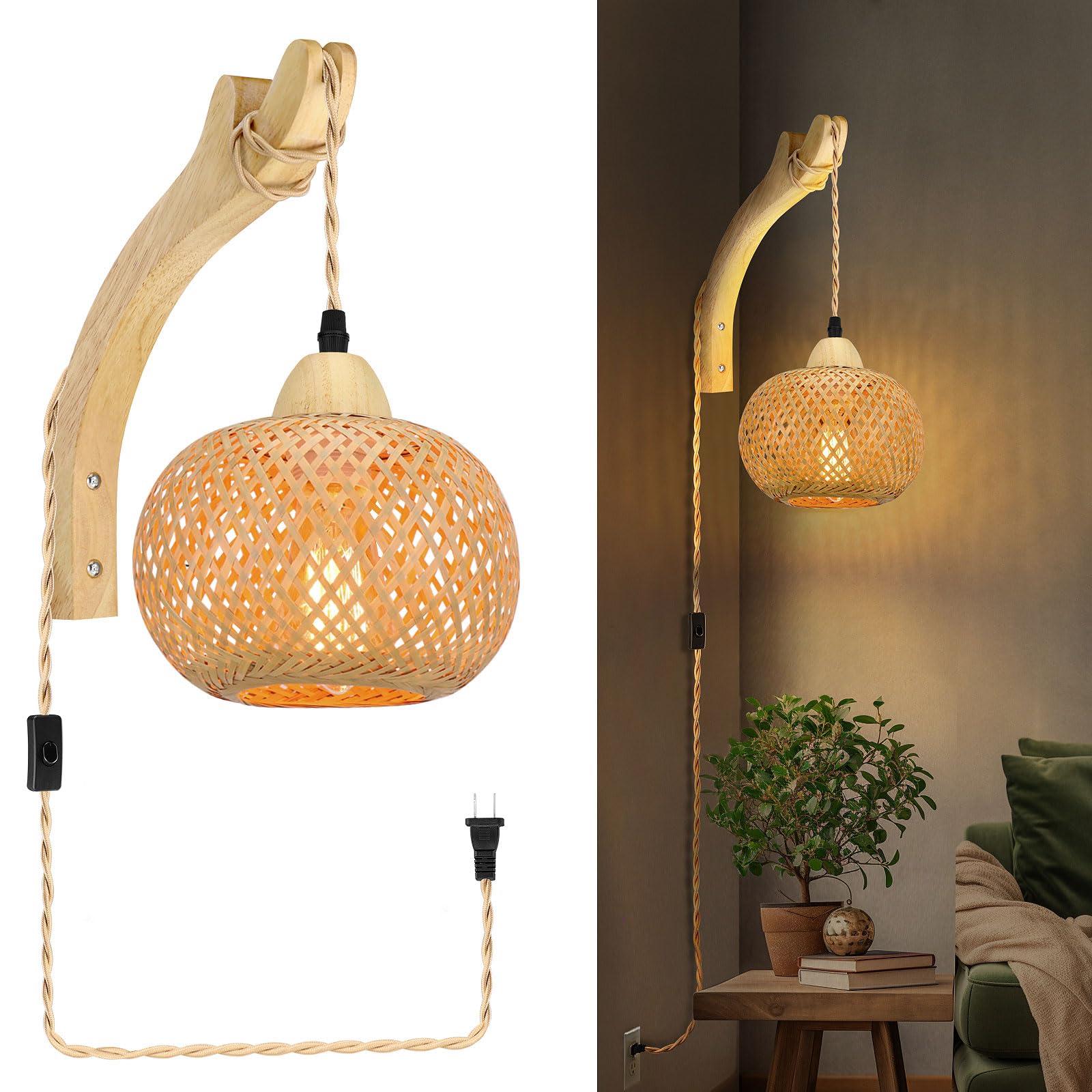 Plug in Wall Sconce, Bamboo Rattan Wall Sconce Decor, Farmhouse Wall Sconce Plug In, Wicker Wall Lamp with Plug in Cord, Hand Woven Boho Sconces Wall Light for Bedroom Living Room