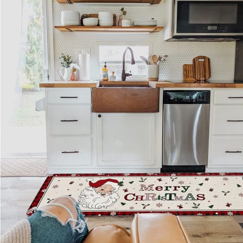 Prime Leader Merry Christmas Kitchen Mat Set 2 Pieces Cute Santa Claus Decor Red Black Buffalo Plaid Non Slip Kitchen Rugs Washable Runner Rug Mats for Kitchen Sink, 15.7" x 23.6"+15.7" x 47.2"