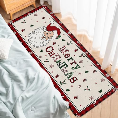 Prime Leader Merry Christmas Kitchen Mat Set 2 Pieces Cute Santa Claus Decor Red Black Buffalo Plaid Non Slip Kitchen Rugs Washable Runner Rug Mats for Kitchen Sink, 15.7" x 23.6"+15.7" x 47.2"