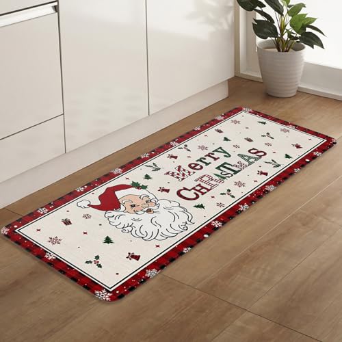 Prime Leader Merry Christmas Kitchen Mat Set 2 Pieces Cute Santa Claus Decor Red Black Buffalo Plaid Non Slip Kitchen Rugs Washable Runner Rug Mats for Kitchen Sink, 15.7" x 23.6"+15.7" x 47.2"