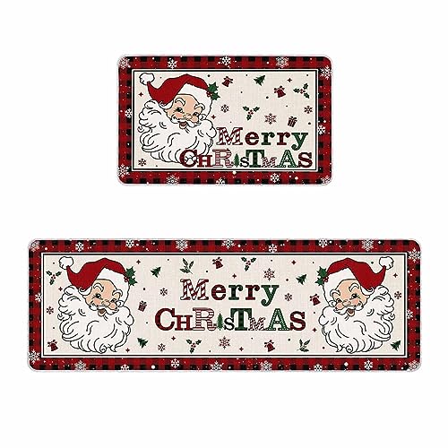 Prime Leader Merry Christmas Kitchen Mat Set 2 Pieces Cute Santa Claus Decor Red Black Buffalo Plaid Non Slip Kitchen Rugs Washable Runner Rug Mats for Kitchen Sink, 15.7" x 23.6"+15.7" x 47.2"