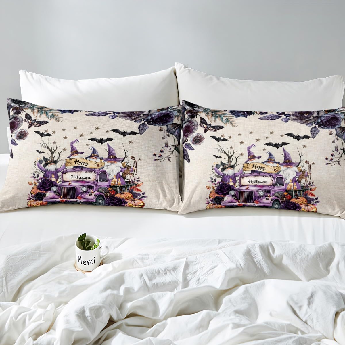 Manfei Happy Halloween Fitted Sheet Full Size, Cute Gnome Ghost Bed Cover with 2 Pillowcases, Gothic Moth Floral Bedding Set 3pcs for Kids Boy Girl Room Decor, Soft Polyester Bedding