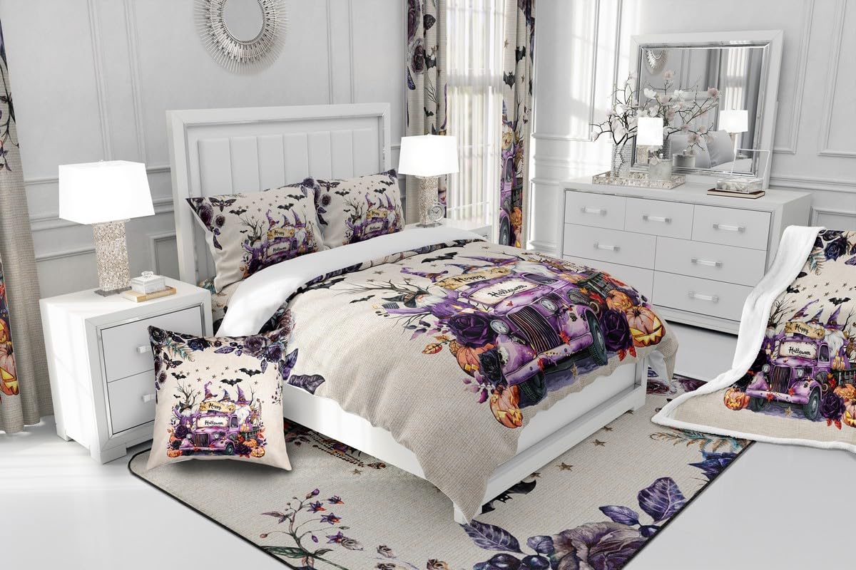 Manfei Happy Halloween Fitted Sheet Full Size, Cute Gnome Ghost Bed Cover with 2 Pillowcases, Gothic Moth Floral Bedding Set 3pcs for Kids Boy Girl Room Decor, Soft Polyester Bedding
