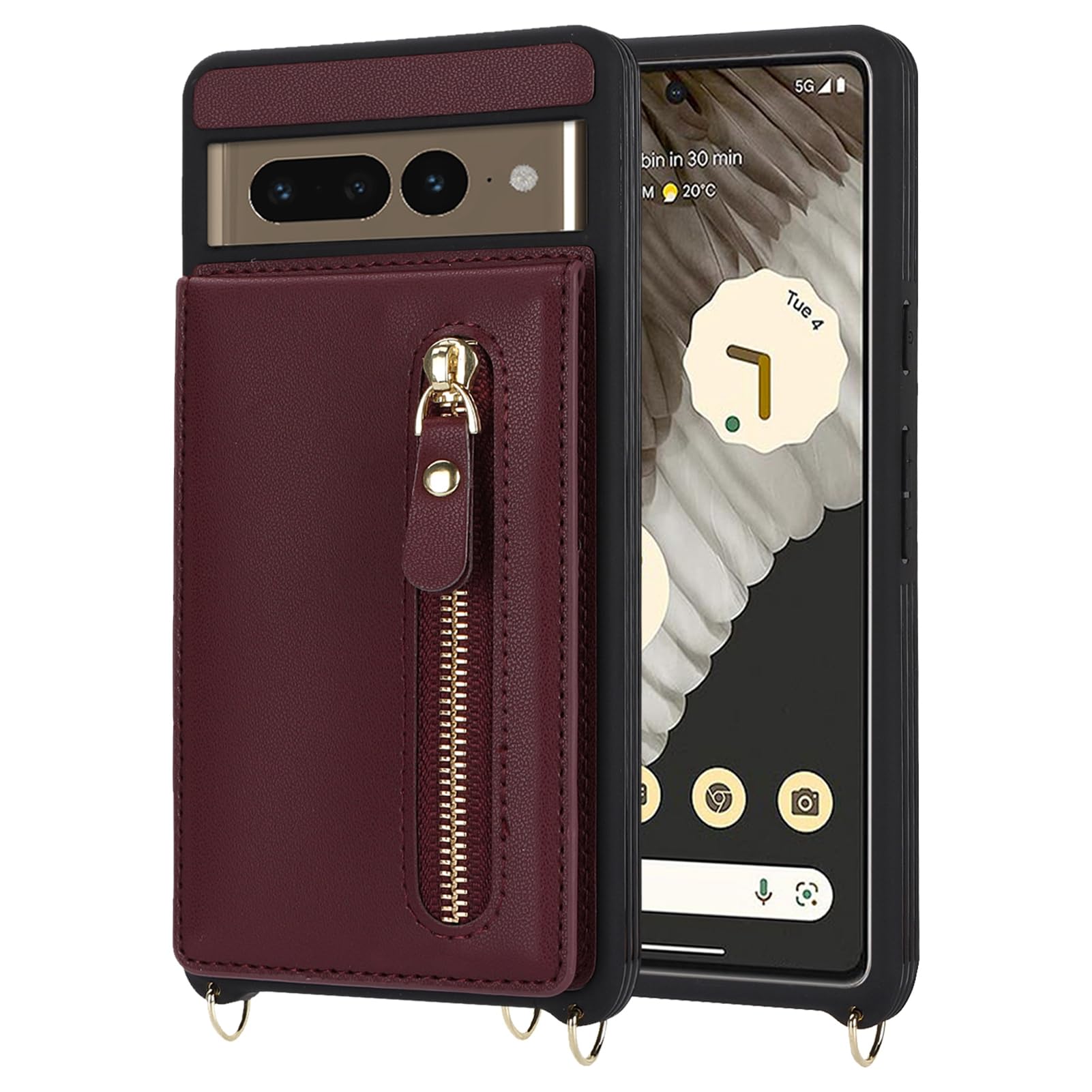 Jaorty Fit for Google Pixel 7 Pro Case for Women with Card Holder 6.7" 5G 2022,Pixel 7 Pro Phone Case with Strap,Crossbody Lanyard Cases with Credit Card Slots with Stand,Burgundy