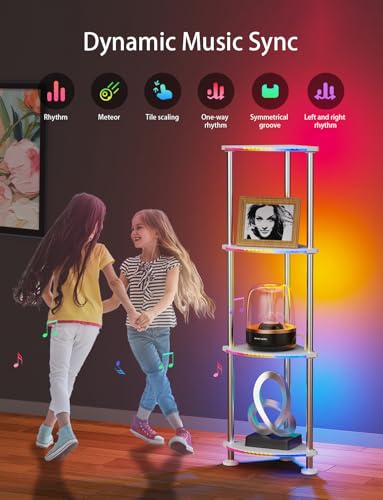 HOPEDAMAI Floor Lamp with Shelves Height Adjustable RGB Tall Lamp with Music Sync, Charging Stationl, Dimmable and Timing LED Corner Standing Lamp for Bedroom White 4-Tier