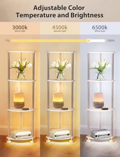 HOPEDAMAI Floor Lamp with Shelves Height Adjustable RGB Tall Lamp with Music Sync, Charging Stationl, Dimmable and Timing LED Corner Standing Lamp for Bedroom White 4-Tier