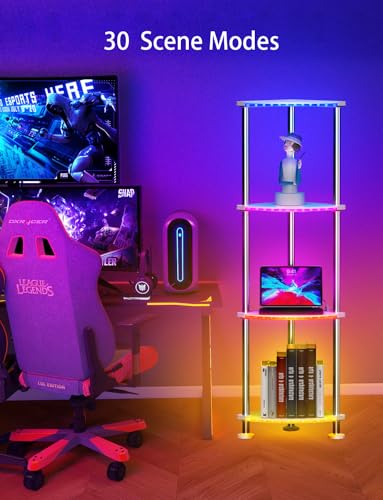 HOPEDAMAI Floor Lamp with Shelves Height Adjustable RGB Tall Lamp with Music Sync, Charging Stationl, Dimmable and Timing LED Corner Standing Lamp for Bedroom White 4-Tier
