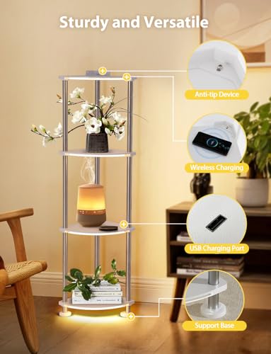 HOPEDAMAI Floor Lamp with Shelves Height Adjustable RGB Tall Lamp with Music Sync, Charging Stationl, Dimmable and Timing LED Corner Standing Lamp for Bedroom White 4-Tier