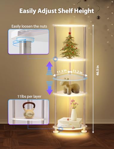 HOPEDAMAI Floor Lamp with Shelves Height Adjustable RGB Tall Lamp with Music Sync, Charging Stationl, Dimmable and Timing LED Corner Standing Lamp for Bedroom White 4-Tier