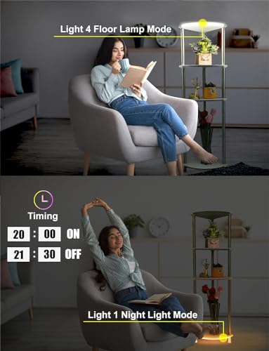 HOPEDAMAI Floor Lamp with Shelves Height Adjustable RGB Tall Lamp with Music Sync, Charging Stationl, Dimmable and Timing LED Corner Standing Lamp for Bedroom White 4-Tier