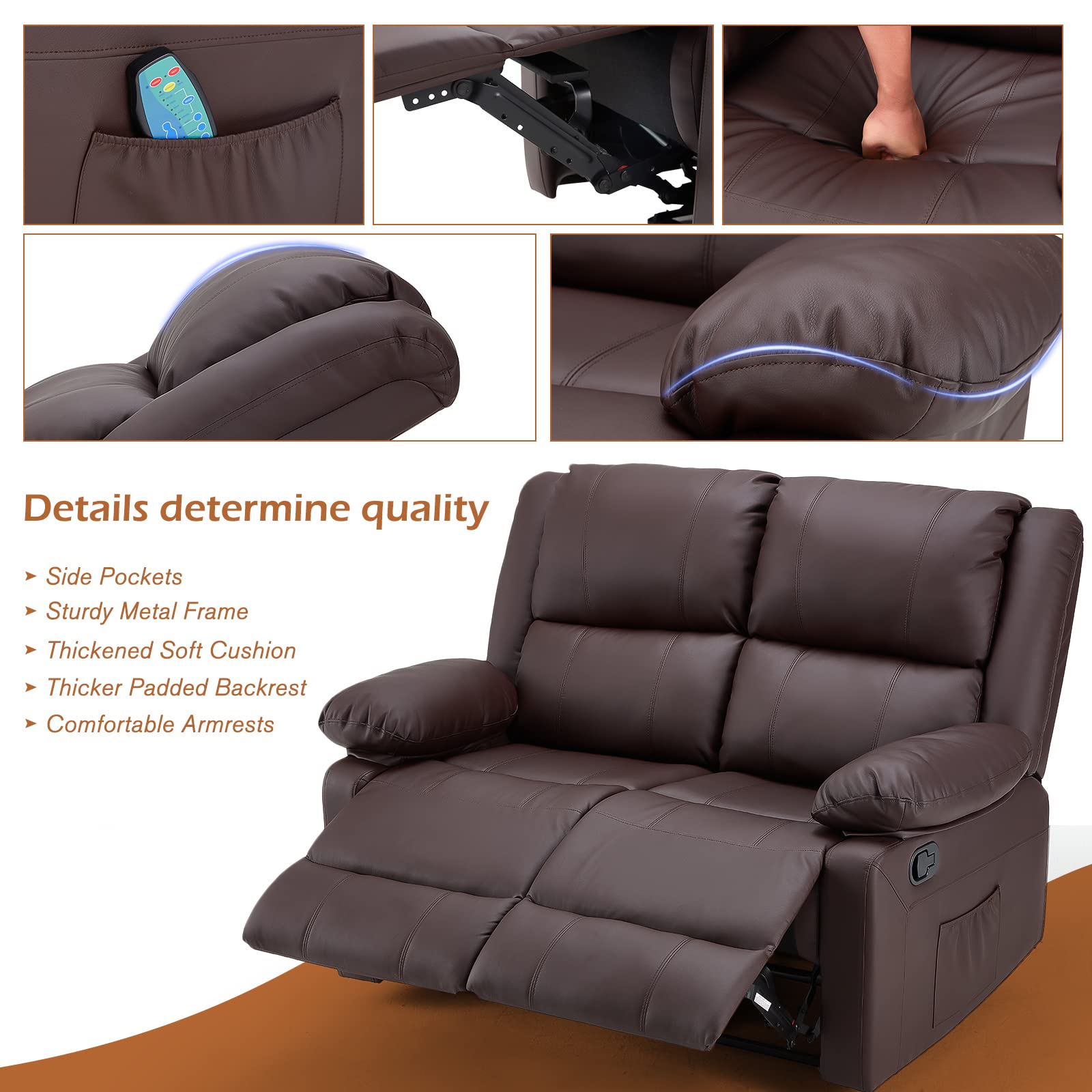 YODOLLA Recliner Loveseat with Heat and Massage Function, Wall-Hugger Reclining Sofa 2-Seater Modern Manual Control Faux Leather RV Couch, Theater Lounge Seat with Side Pockets, Brown
