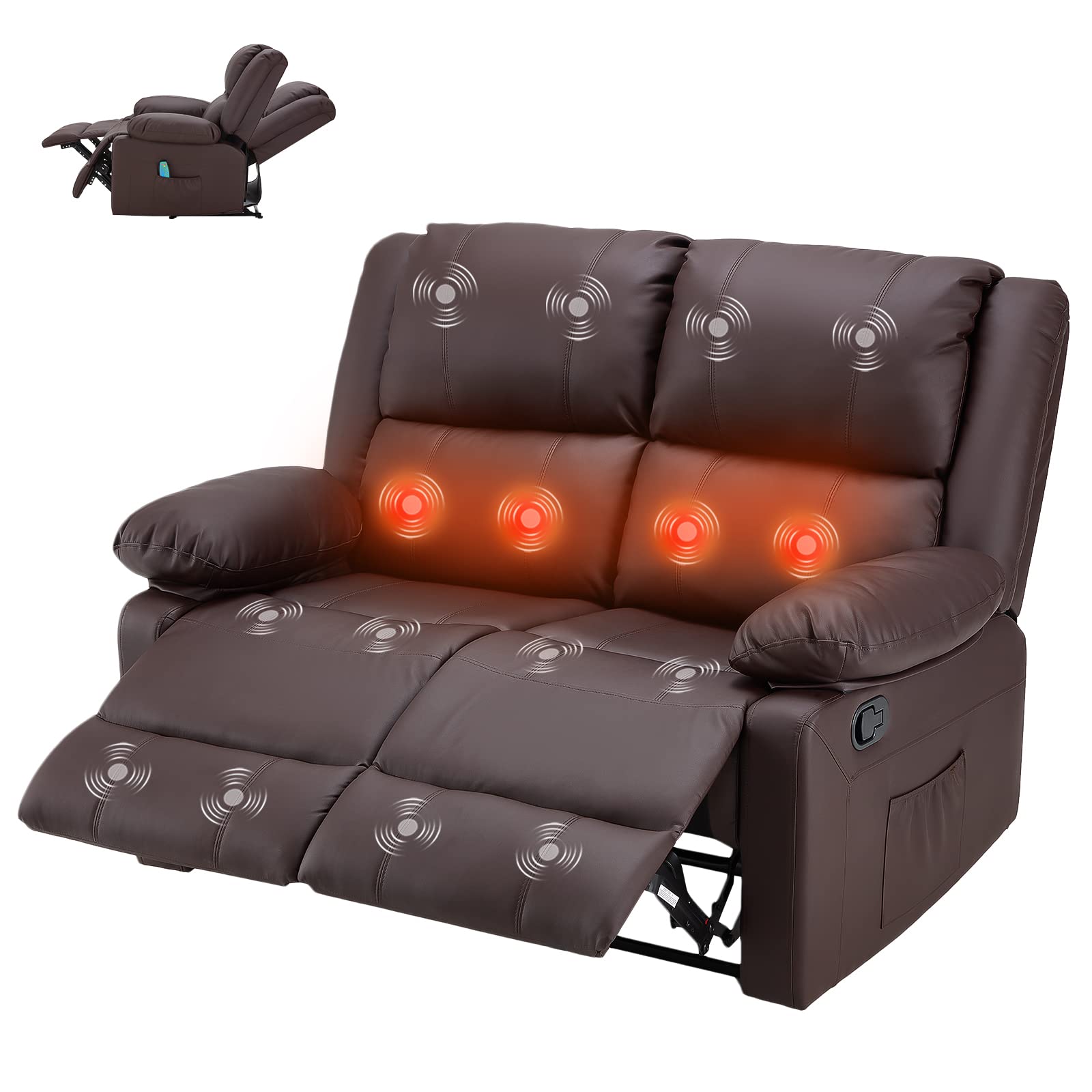 YODOLLA Recliner Loveseat with Heat and Massage Function, Wall-Hugger Reclining Sofa 2-Seater Modern Manual Control Faux Leather RV Couch, Theater Lounge Seat with Side Pockets, Brown