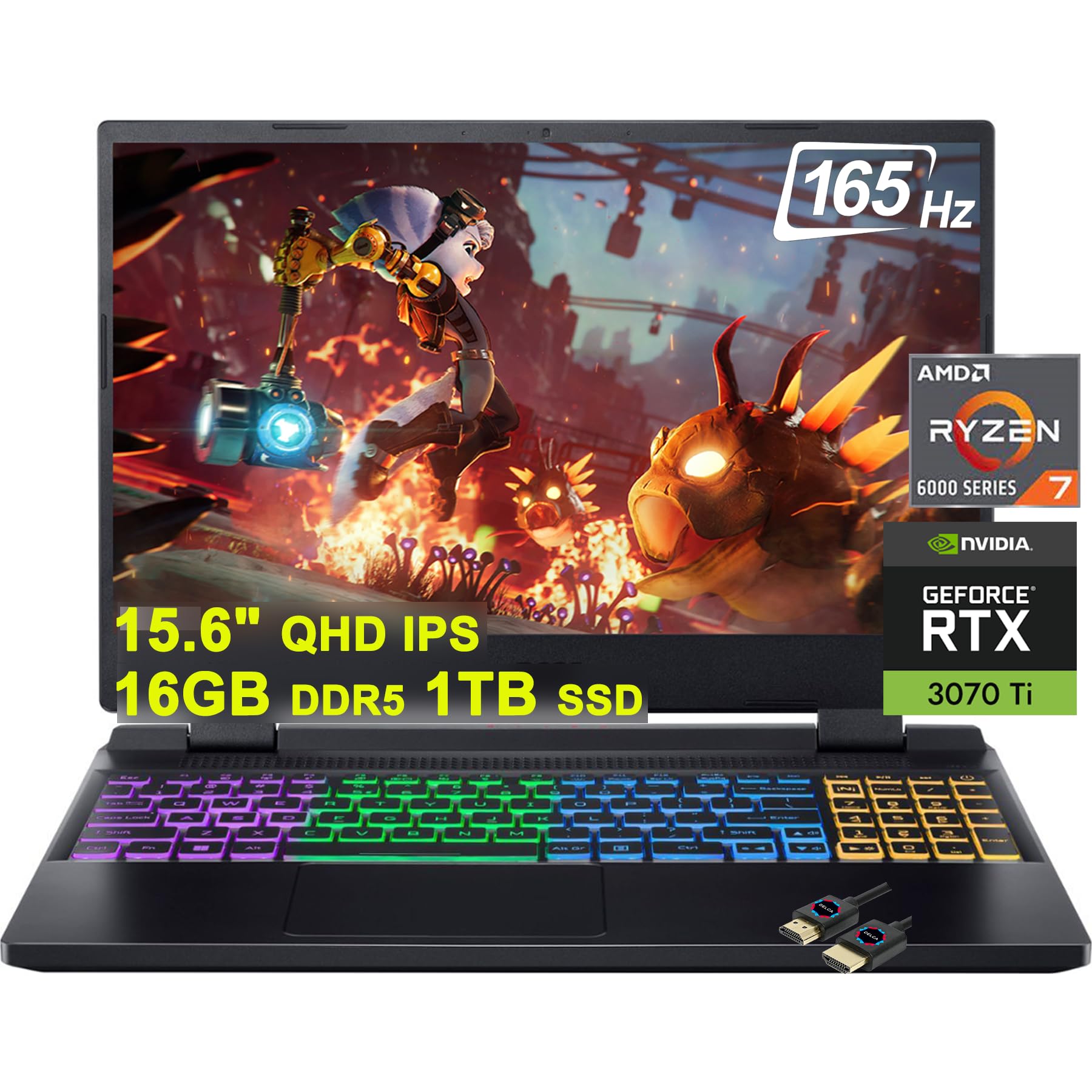 acer Nitro 5 15 Gaming Laptop | 15.6" QHD IPS 165Hz | AMD 8-core Ryzen 7 6800H >i7-11370H | 16GB DDR5 1TB SSD | GeForce RTX3070 Ti 8GB Graphic | RGB Backlit USB-C Win11 Black + HDMI Cable